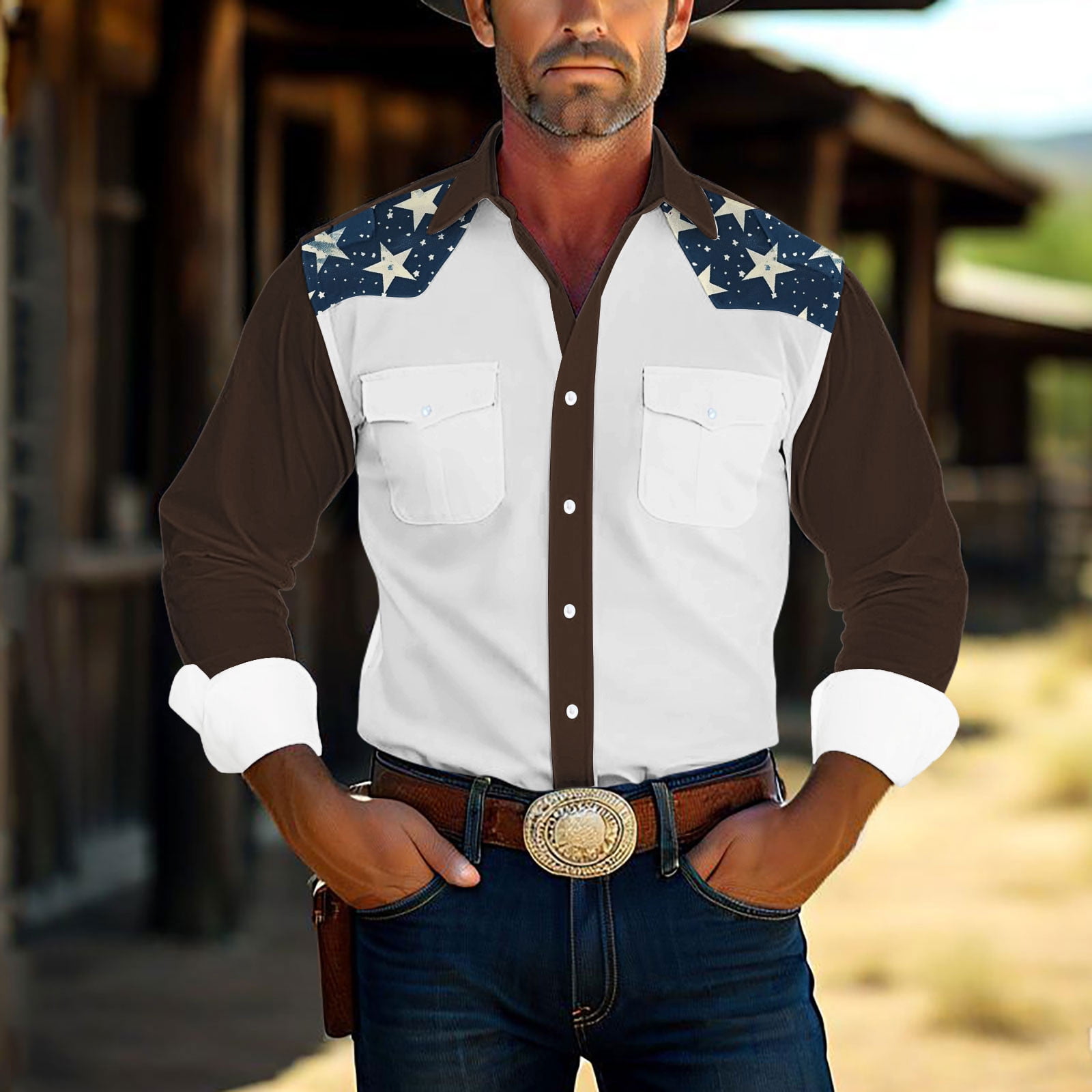 COSFO Collared Mens Shirts American Flag Casual Long Sleeve Tops ...