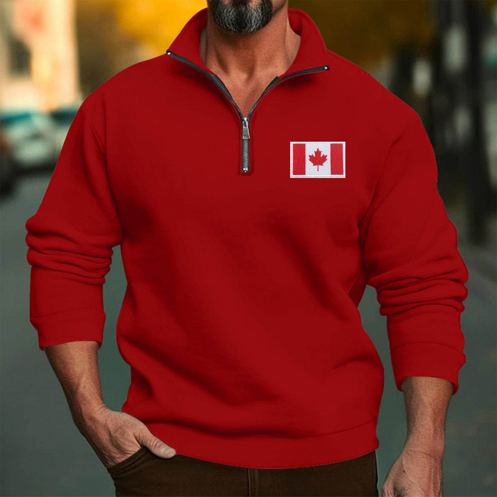 COSFO Collared Mens Sweatshirts Quarter Zip Long Sleeve Canadian Flag ...