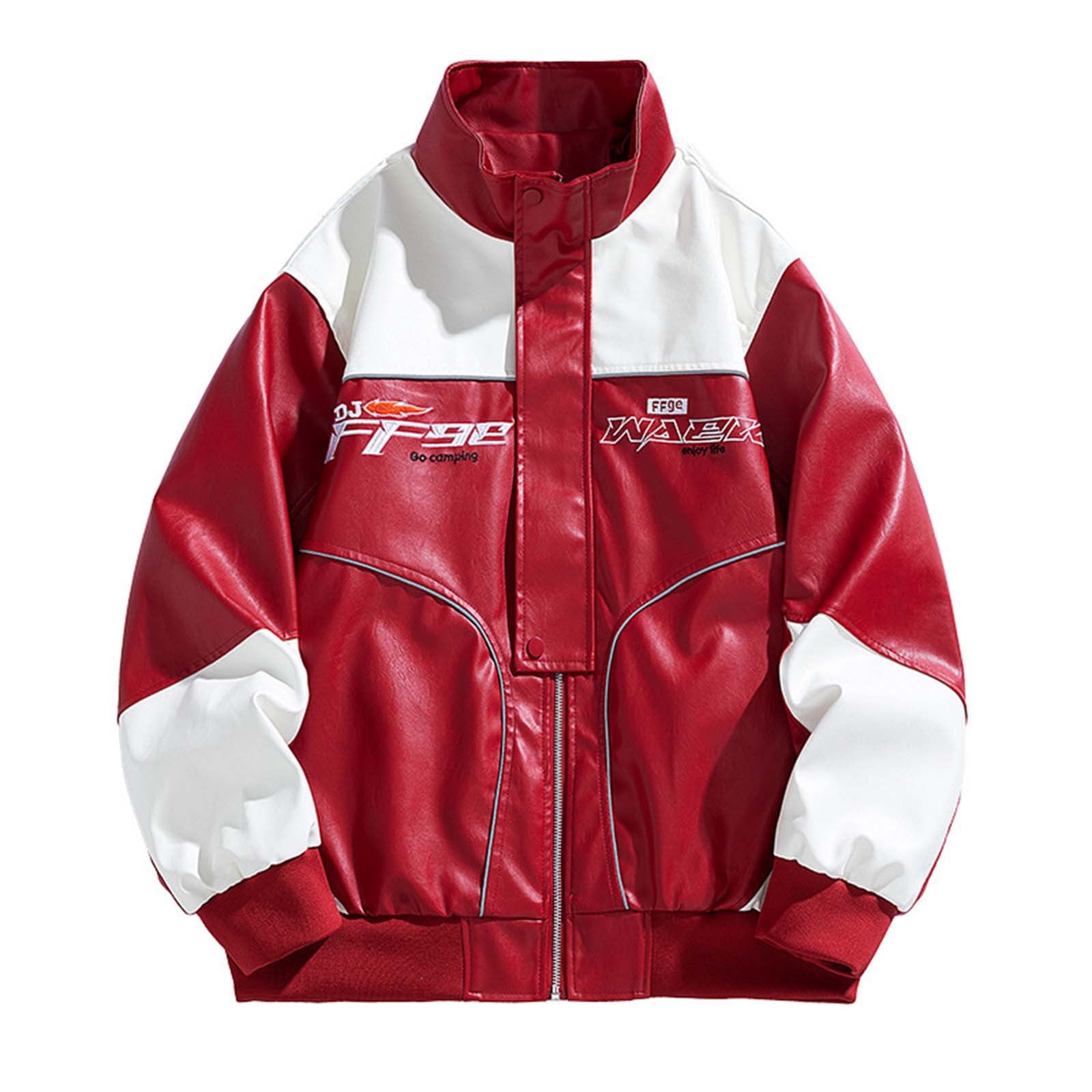 COSFO Colorblock Men Jacket Faux Leather Motorcycle Zip Up Coats Inner ...