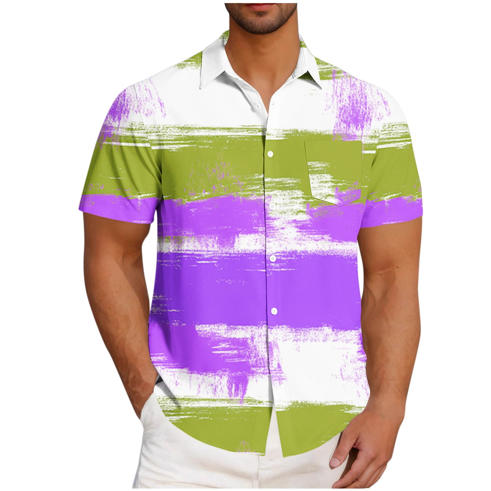 COSFO Colorblock Shirts for Men Casual Short Sleeve Collared Tops ...