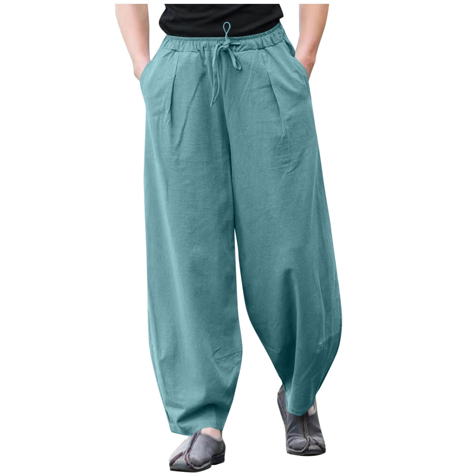 COSFO Cotton Linen Men Pants Wide Leg Casual Green Trousers Outdoor ...