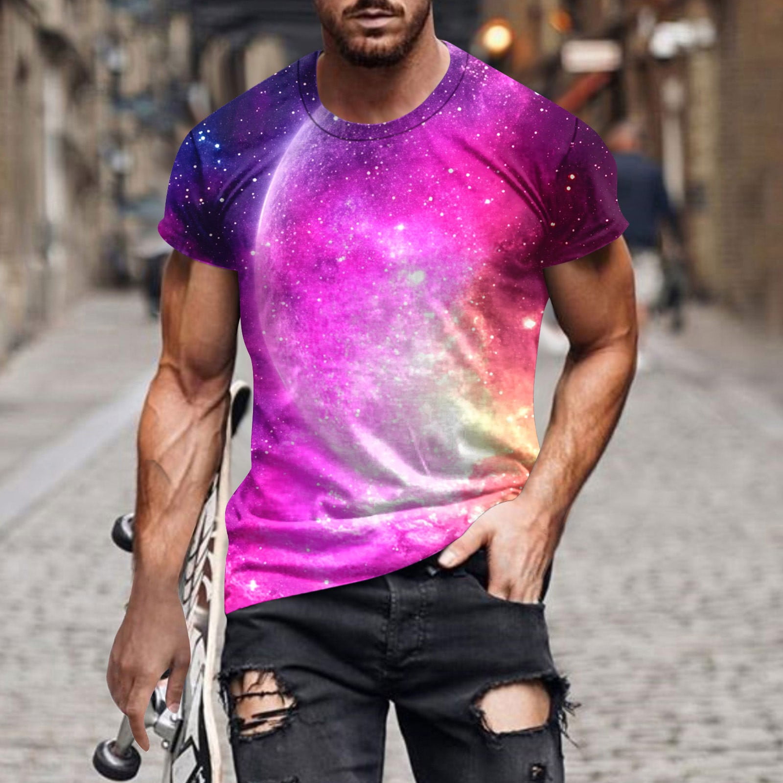 COSFO Crew Neck Men Shirts Short Sleeve Casual Starry Sky Tops Loose ...