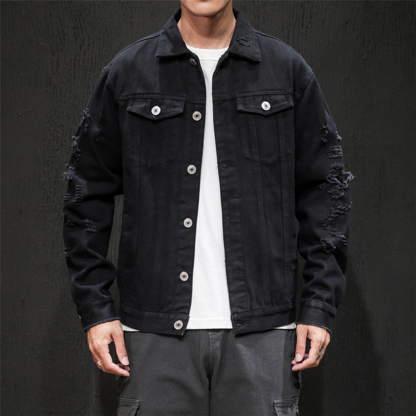 COSFO Denim Jean Jacket Men Button Down Solid Casual Black Coat with ...