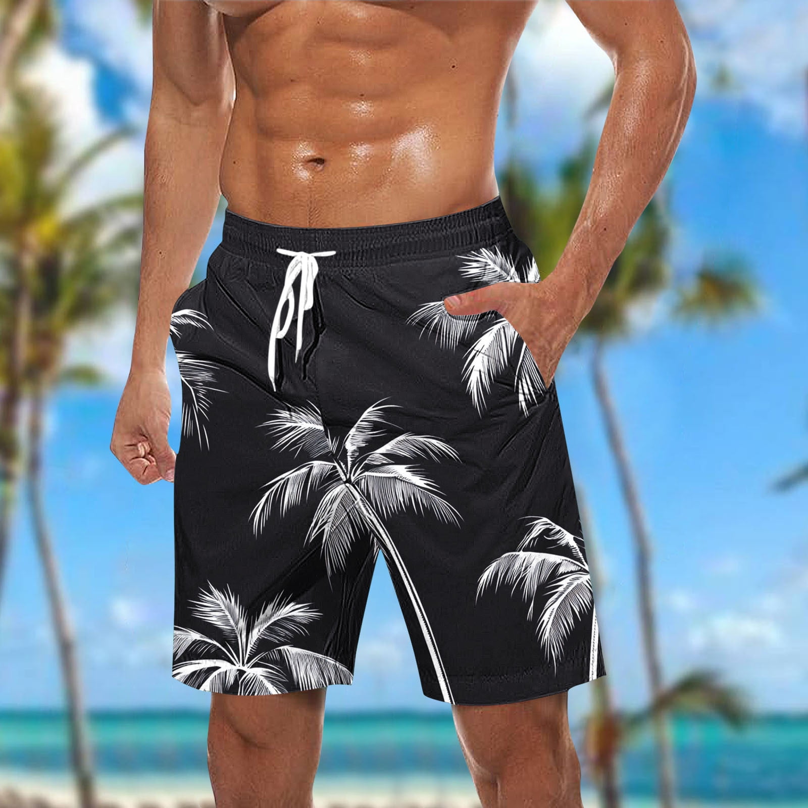 COSFO Elastic Waist Men's Shorts Casual Hawaiian Board with Pockets Drawstring Loose Beach ...