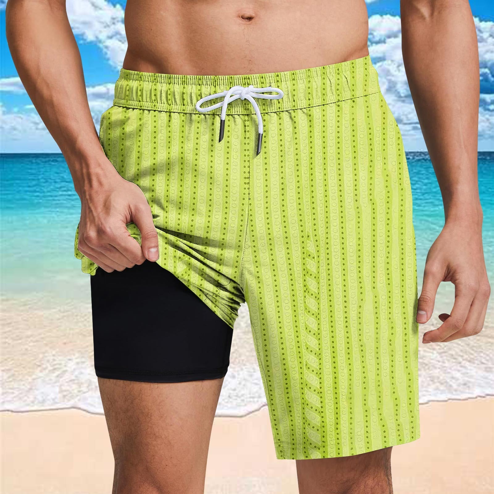 COSFO Elastic Waist Men's Swim Trunks Casual Striped Board Shorts with ...