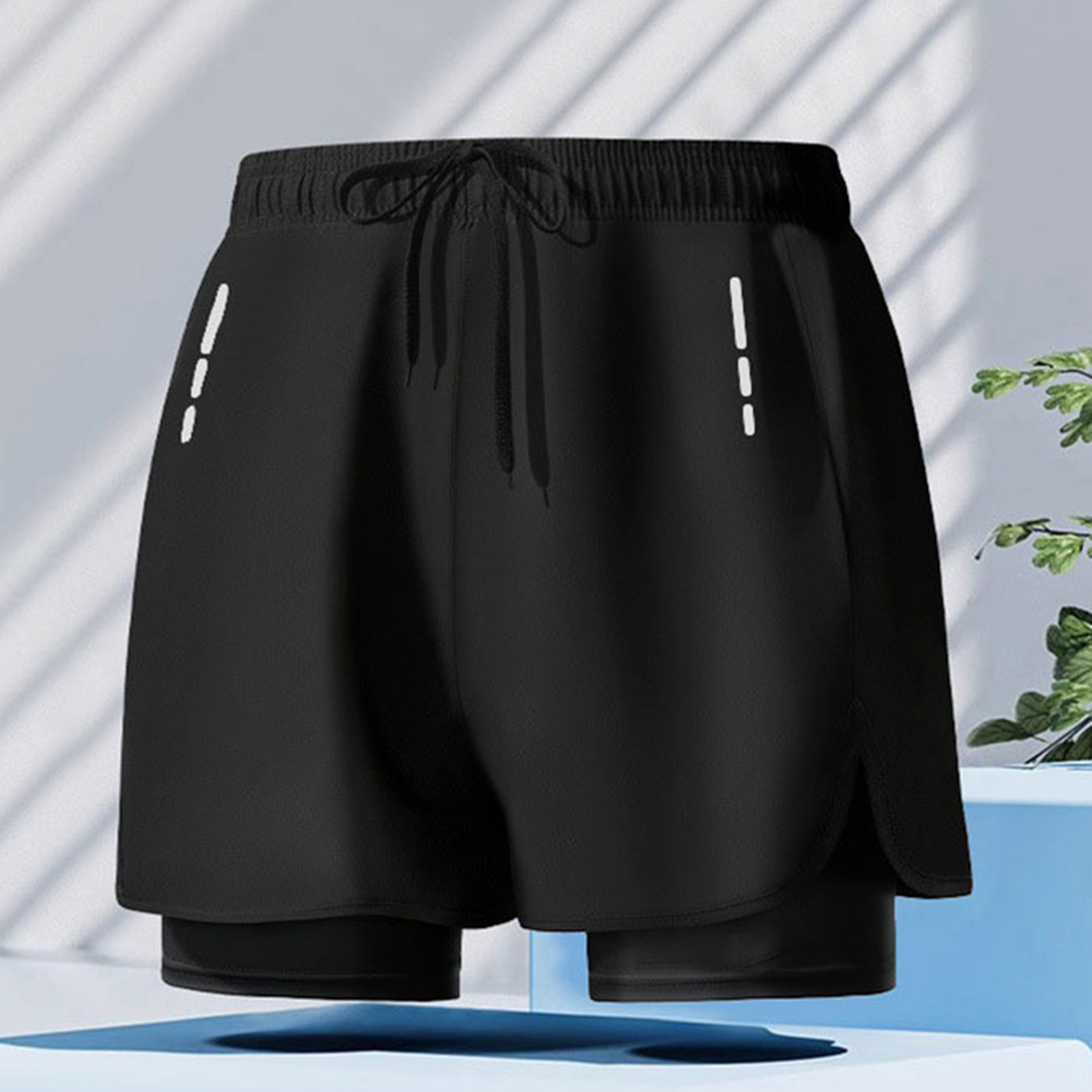 COSFO Elastic Waist Mens Athletic Shorts Black Relaxed Fit Cotton Plus ...
