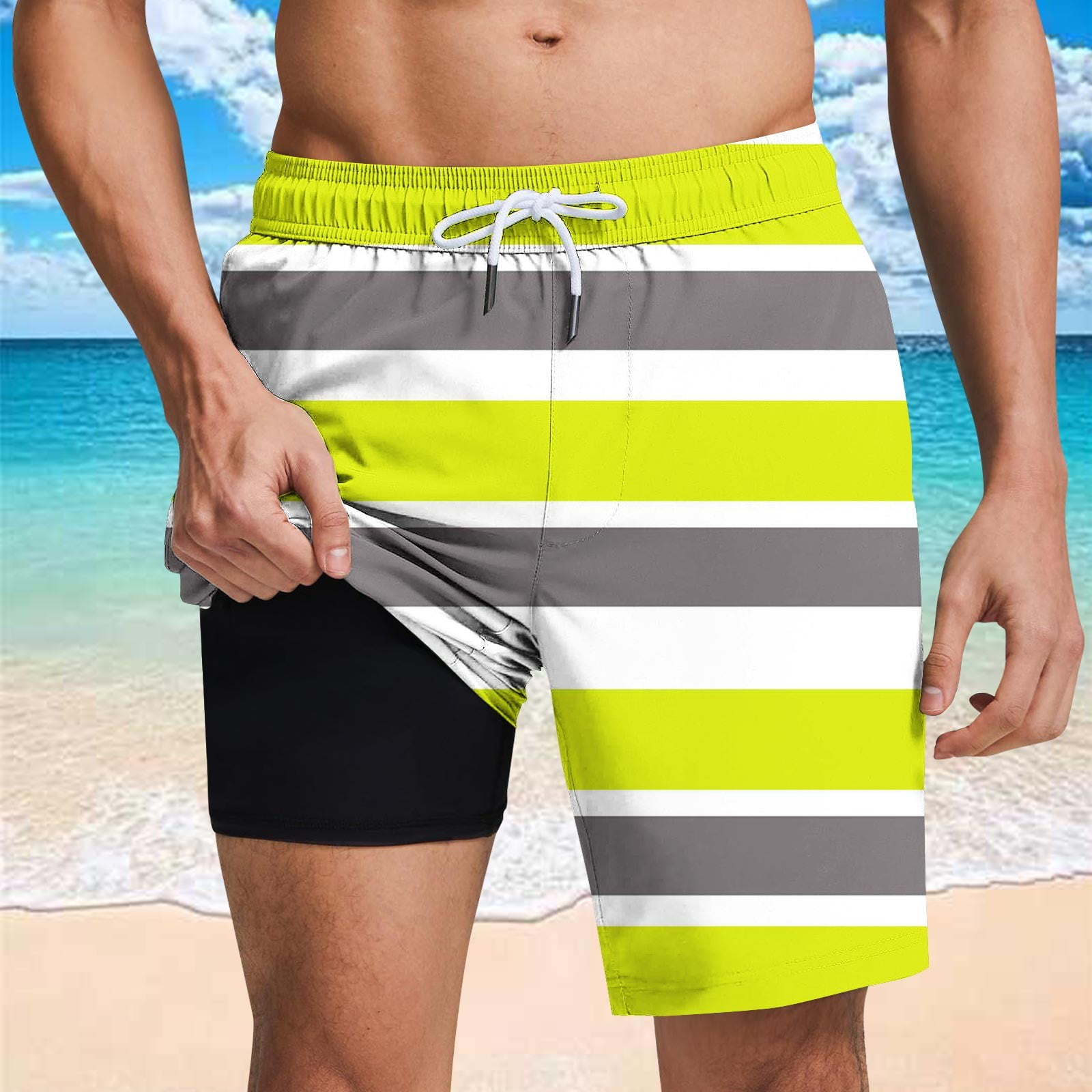 COSFO Elastic Waist Mens Swim Trunks Casual Striped Board Shorts with Compression Liner Relaxed ...