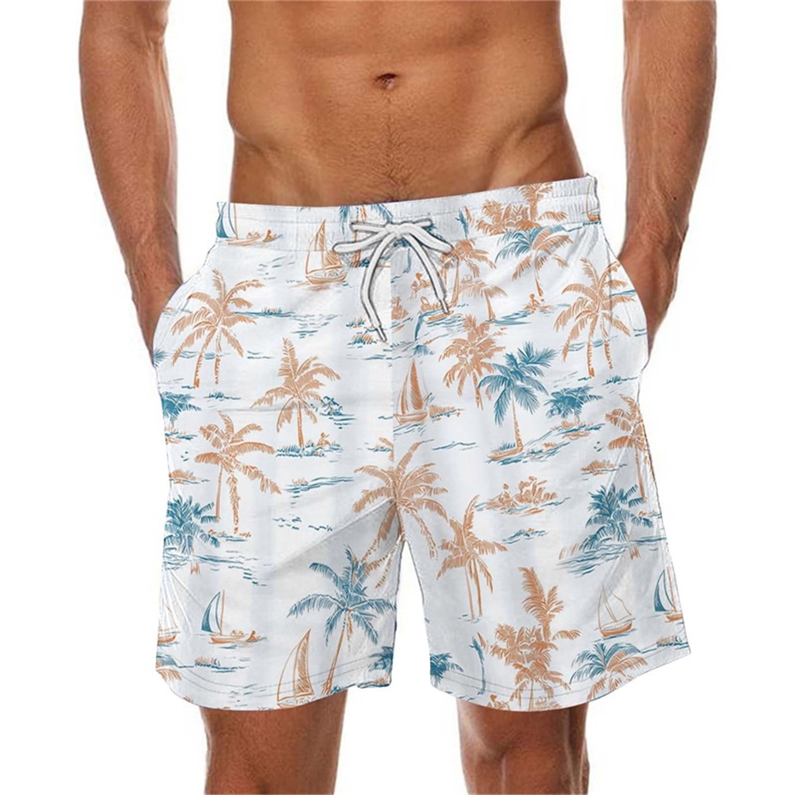 COSFO Elastic Waist Shorts Men Hawaiian Casual Board with Pockets ...