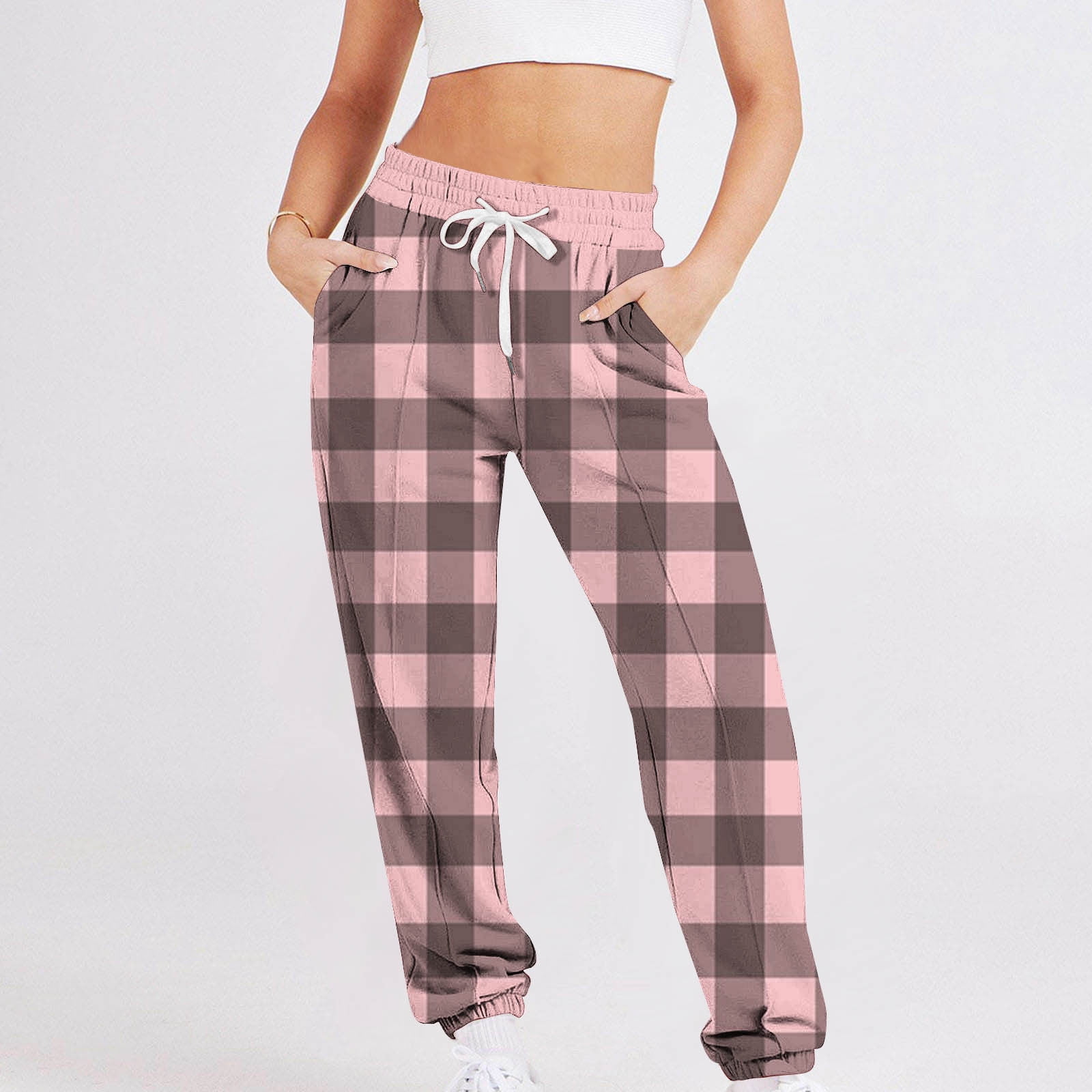 COSFO Elastic Waist Sweat Pants for Womens Plaid Joggers Casual Pink ...