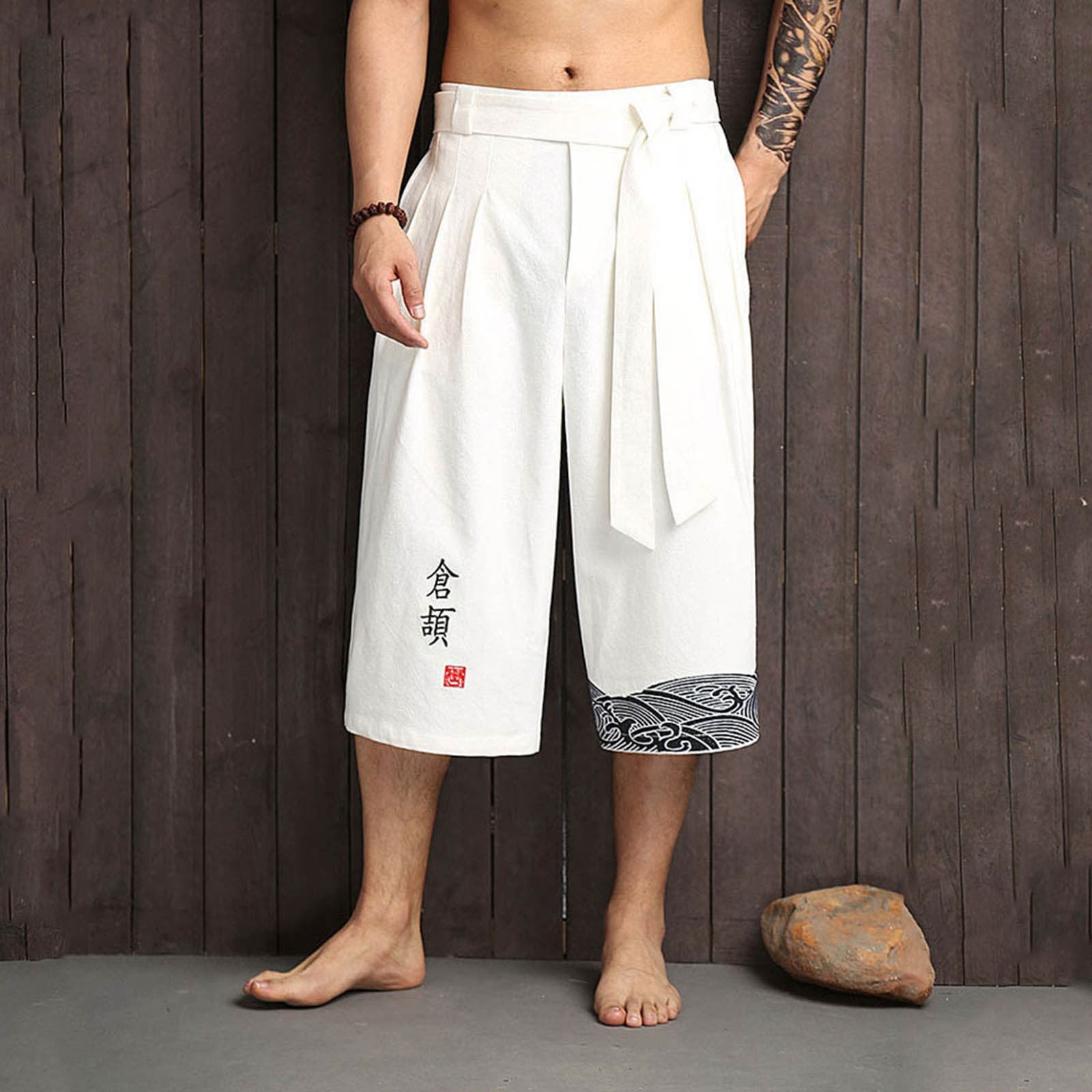 COSFO Embroidered Men Pants Wide Leg Cotton Linen Casual Capris Elastic ...