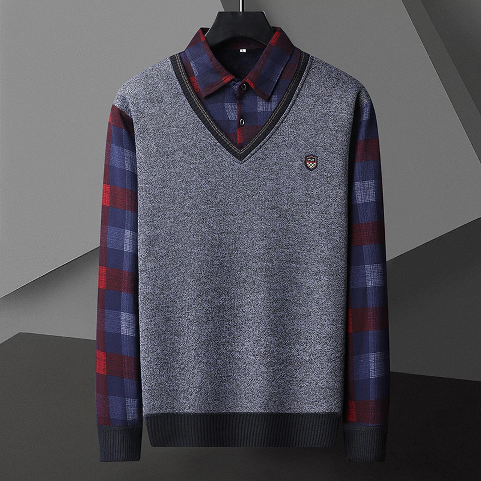 COSFO Fake Two Piece Mens Sweatshirts Casual Long Sleeve Plaid Tops Pullover Loose Extra Thick ...