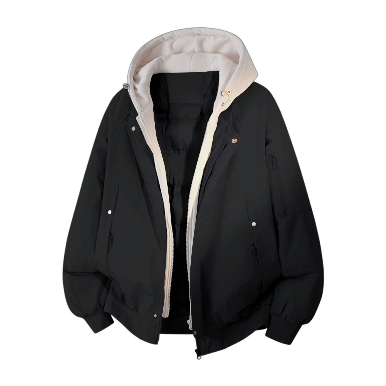 COSFO Fall Puffer Jackets for Men Black Full Zip Solid Fleece Hooded ...