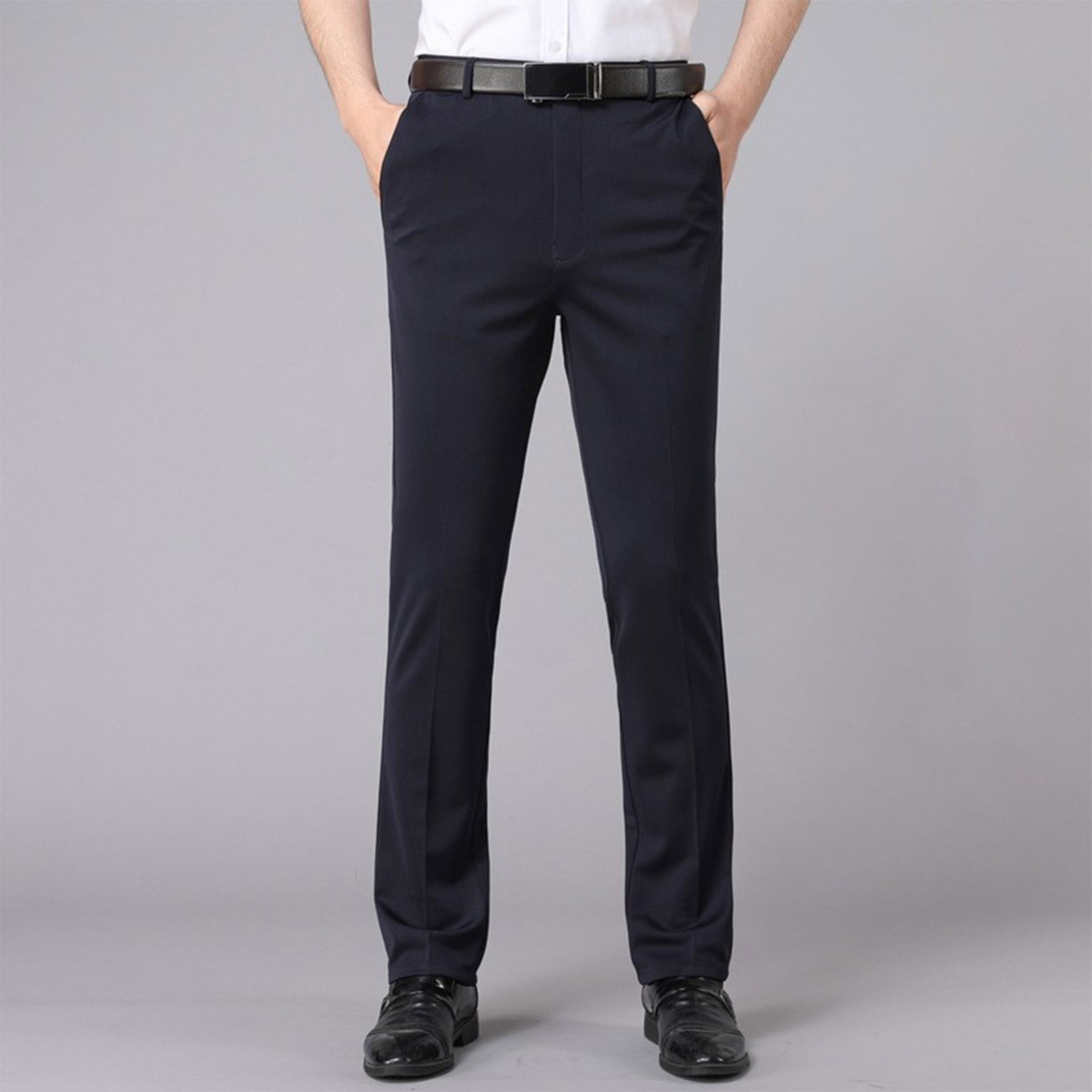 COSFO Flat Front Pants for Men Casual Blue Straight Trousers Comfort ...