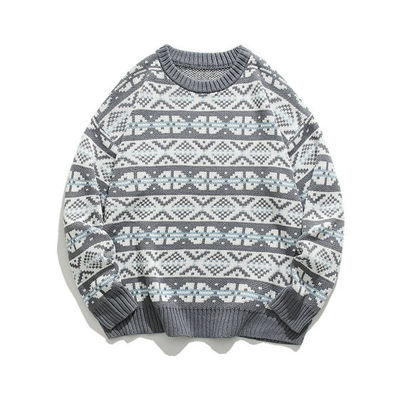 COSFO Gray Men Sweaters Casual Vintage Crew Neck Knit Long Sleeve ...