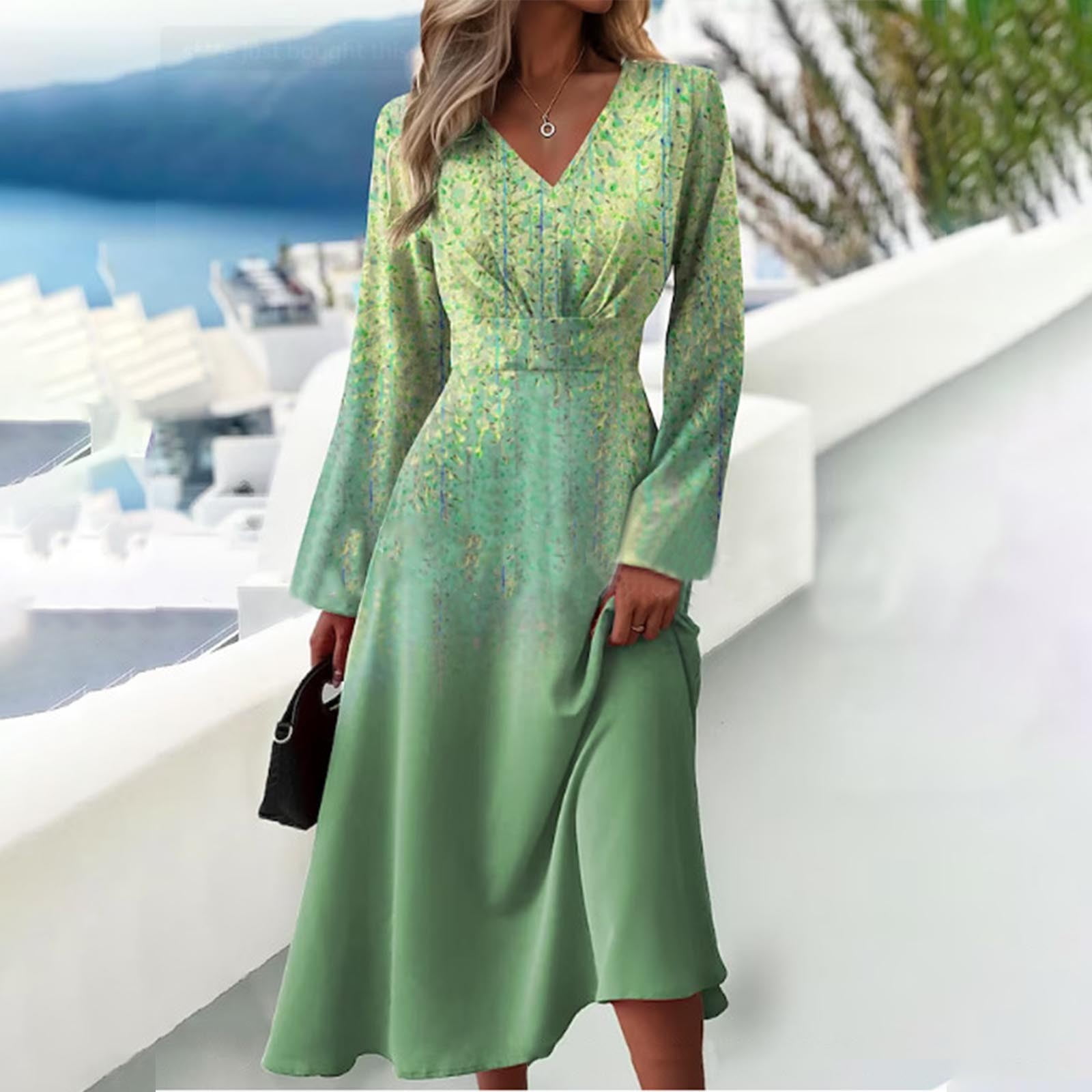 COSFO Green Fall Dresses for Women 2024 V-Neck Floral Long Sleeve ...