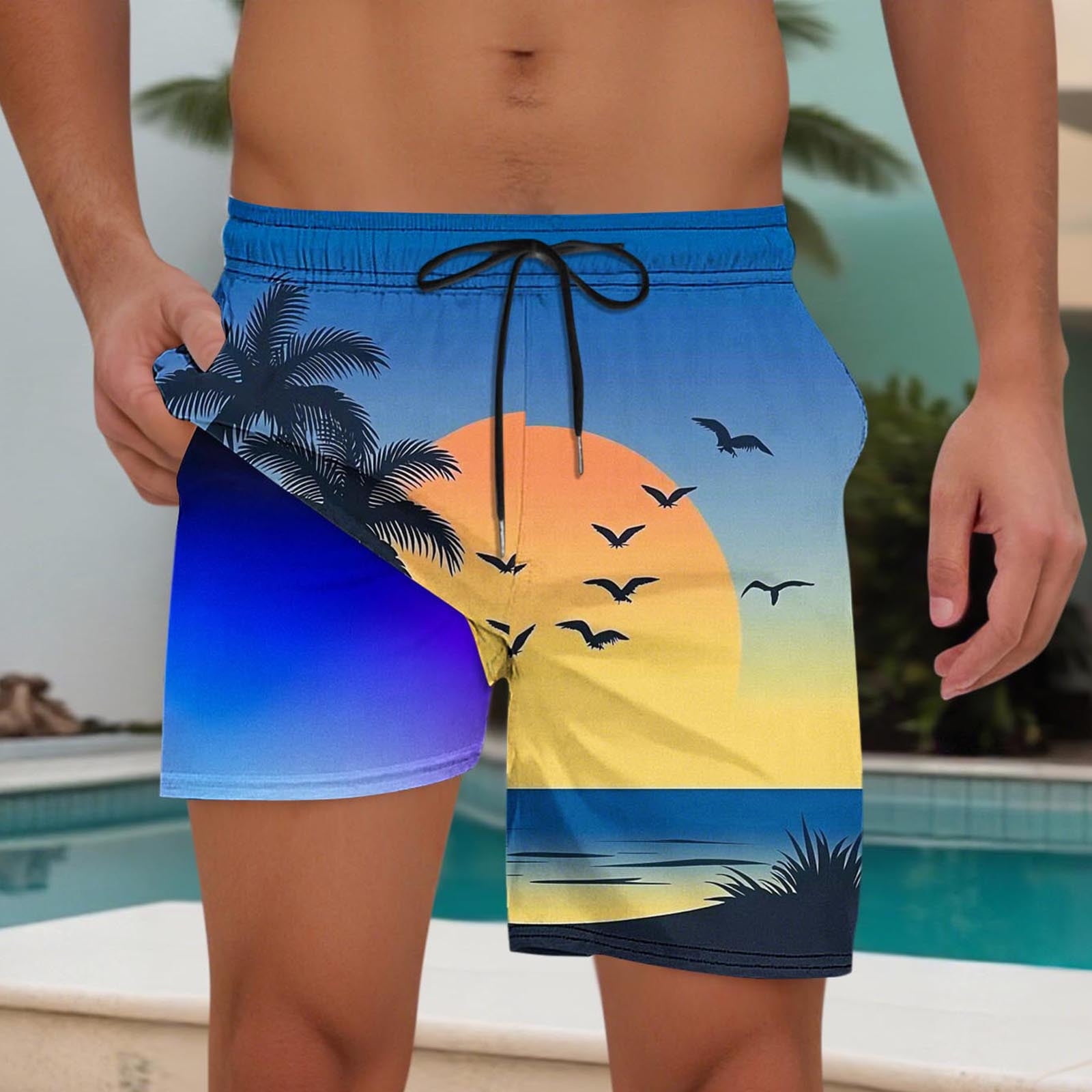 COSFO Hawaiian Men Swim Trunks Elastic Waist Casual Relaxed Fit Beach Summer Board Shorts ...