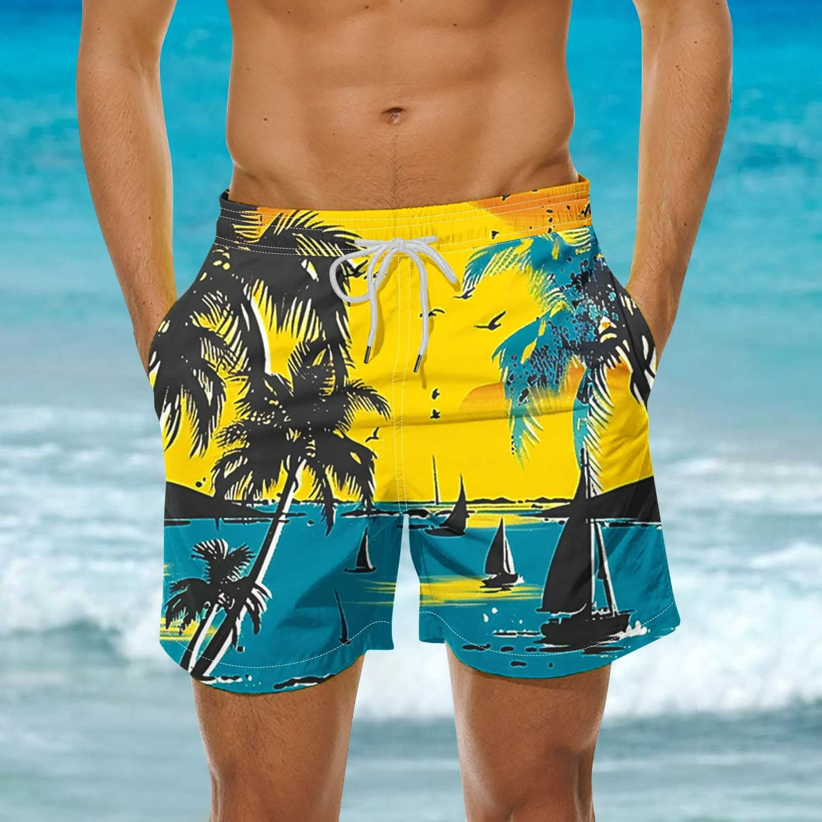 COSFO Hawaiian Men's Board Shorts Elastic Waist Drawstring Casual ...