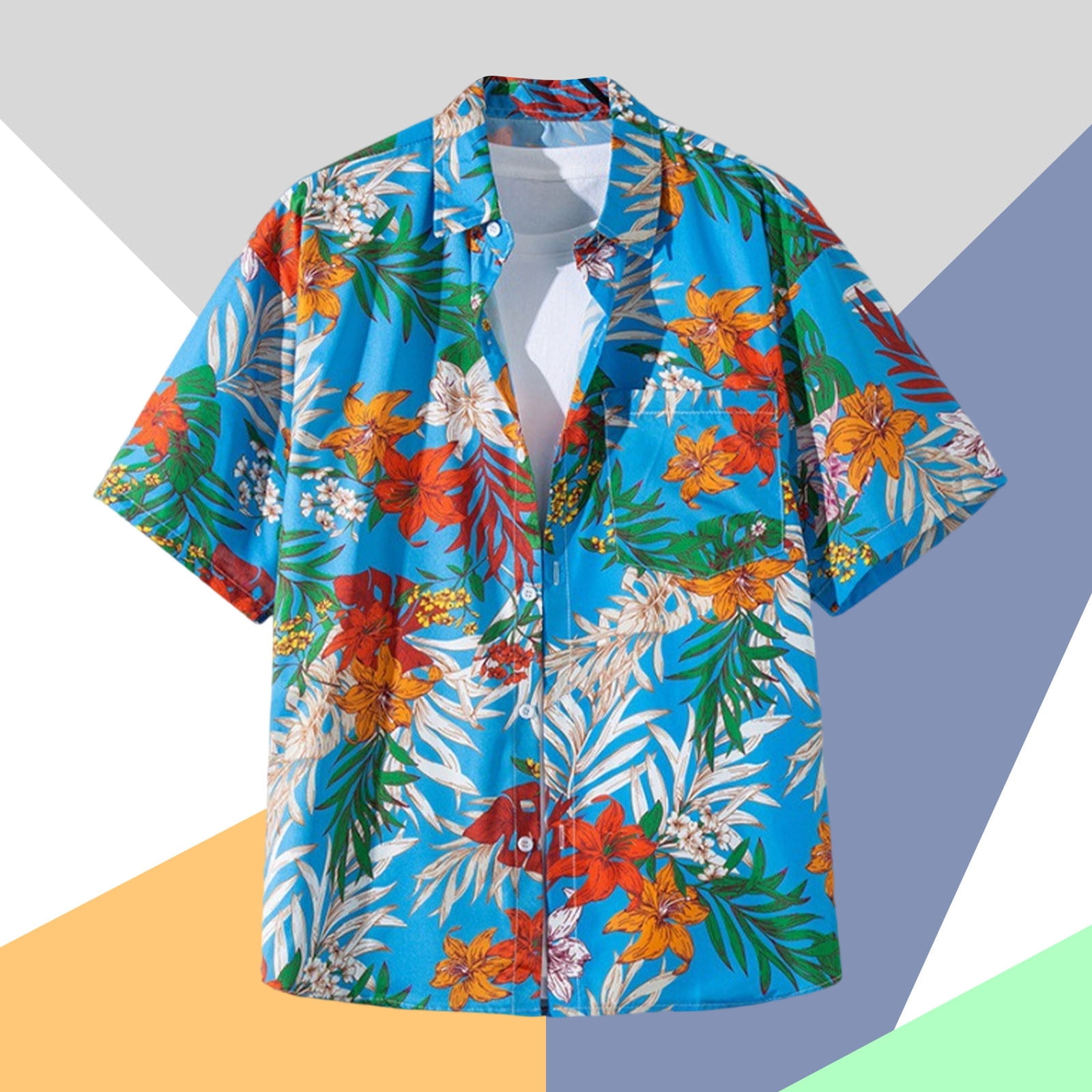 COSFO Hawaiian Mens Button Down Shirt Collared Short Sleeve Casual Tops ...