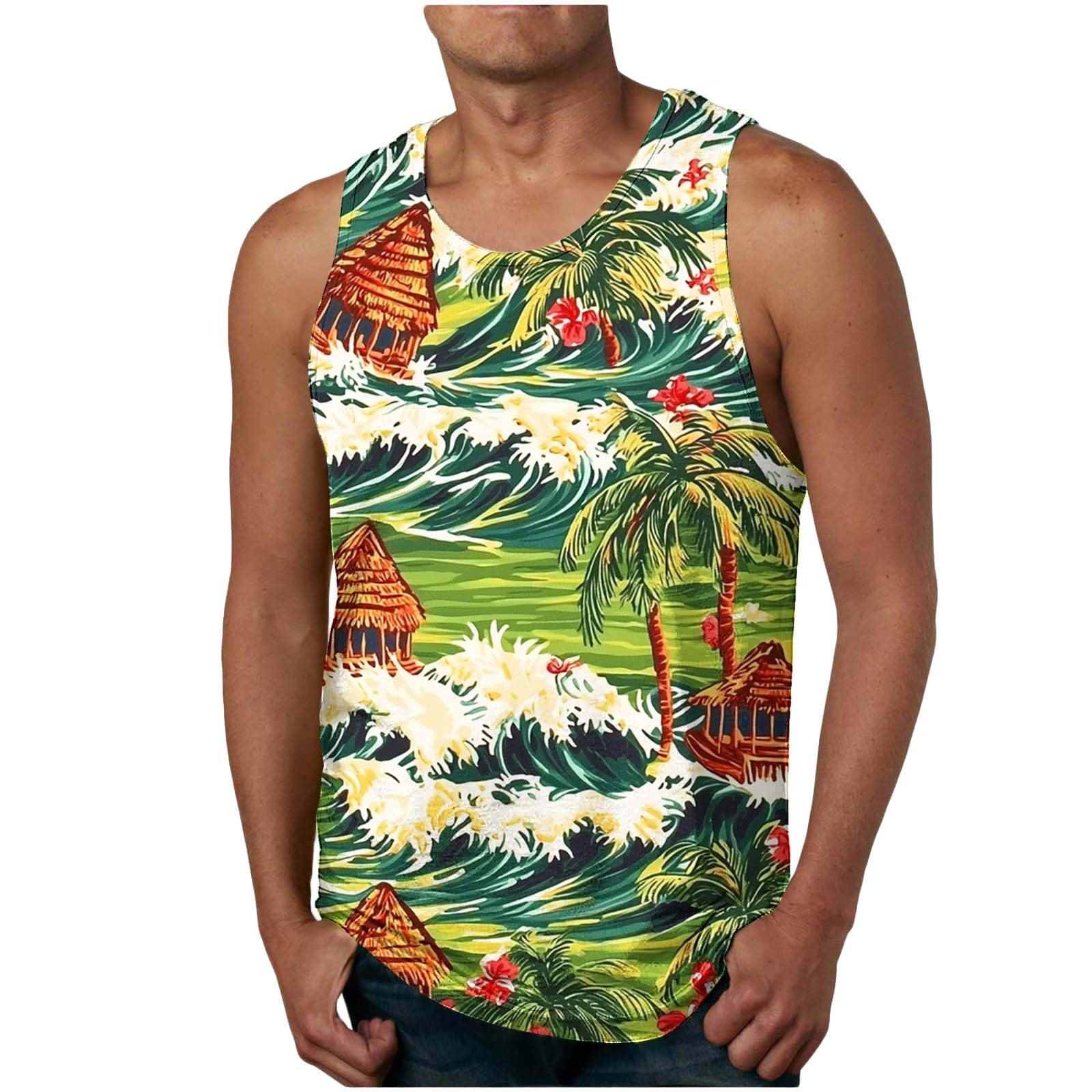 COSFO Hawaiian Mens Tank Tops Sleeveless Casual Crew Neck Shirts Beach ...
