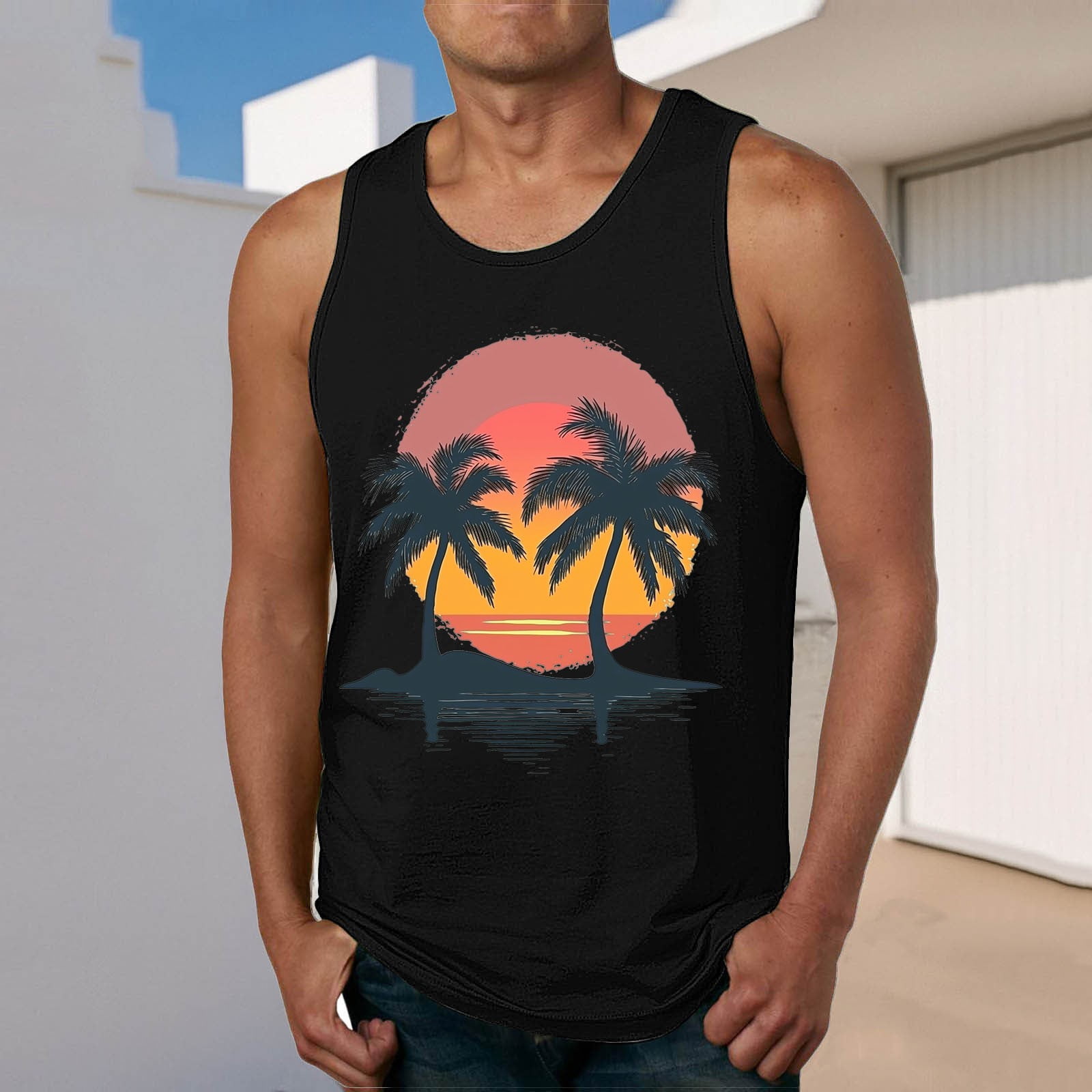 COSFO Hawaiian Tank Tops Men Crew Neck Casual Muscle Sleeveless ...