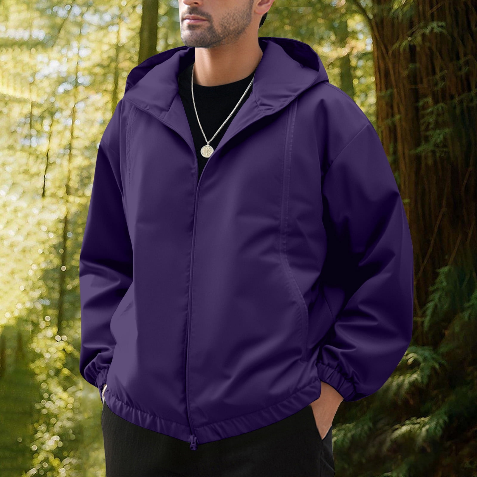 COSFO Hooded Jacket for Men Waterproof Purple Windbreaker Travel Loose ...
