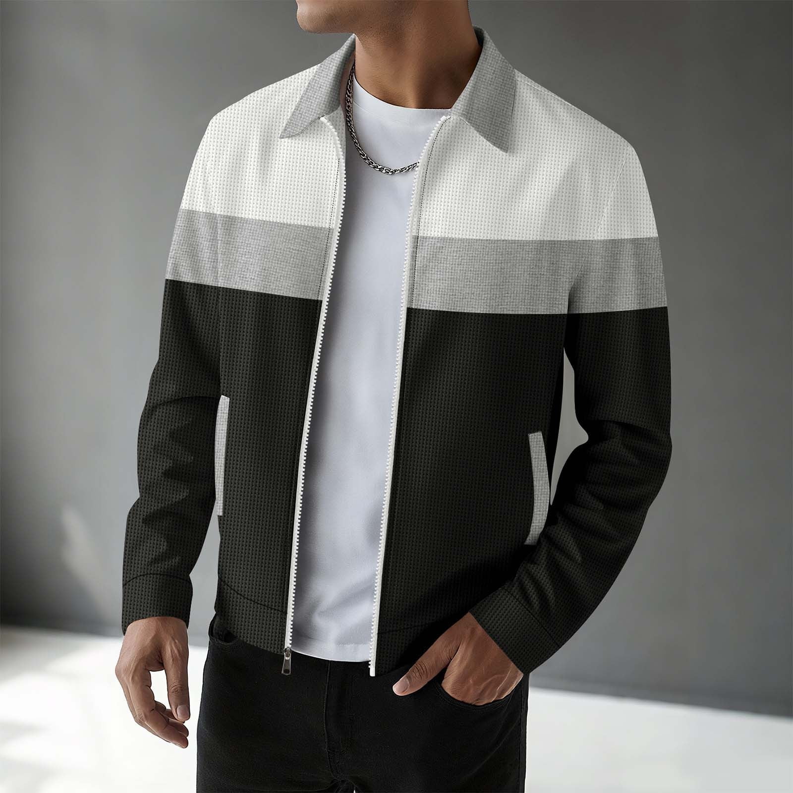 COSFO Jacket for Men Waffle Knit Zip Up Colorblock Outwear Collar Long ...