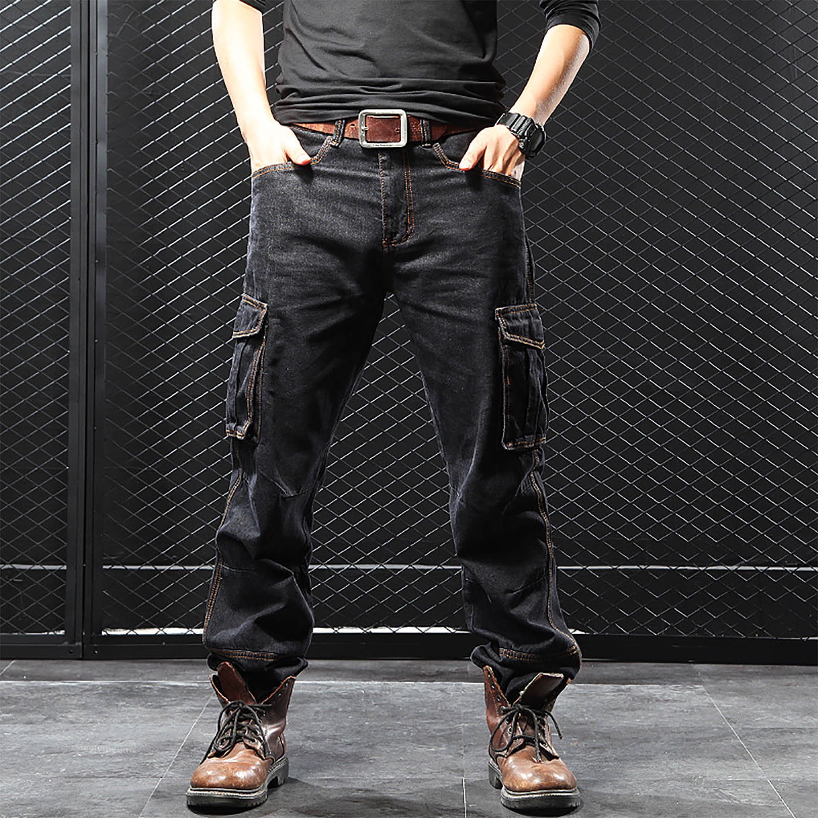 COSFO Jean Pants for Men Straight Fit Black Cargo Solid Denim Pants ...