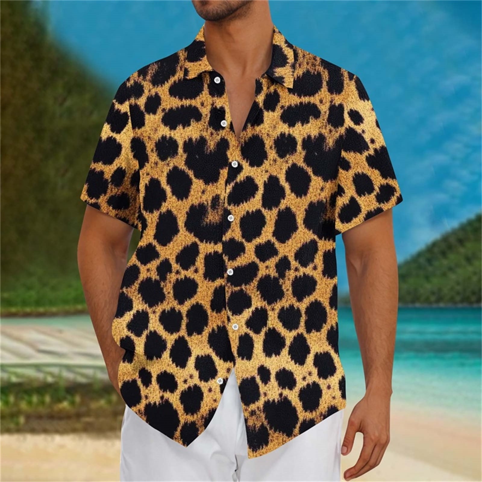 COSFO Leopard Print Men Shirts Collared Casual Short Sleeve Tops ...