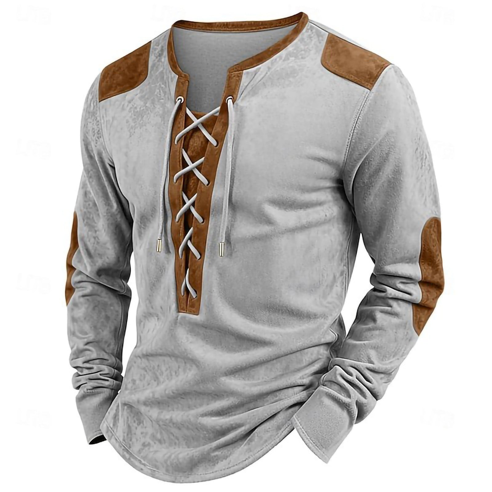 COSFO Long Sleeve Shirts for Men V Neck Casual Colorblock Winter Blouse Pullover Drawstring ...