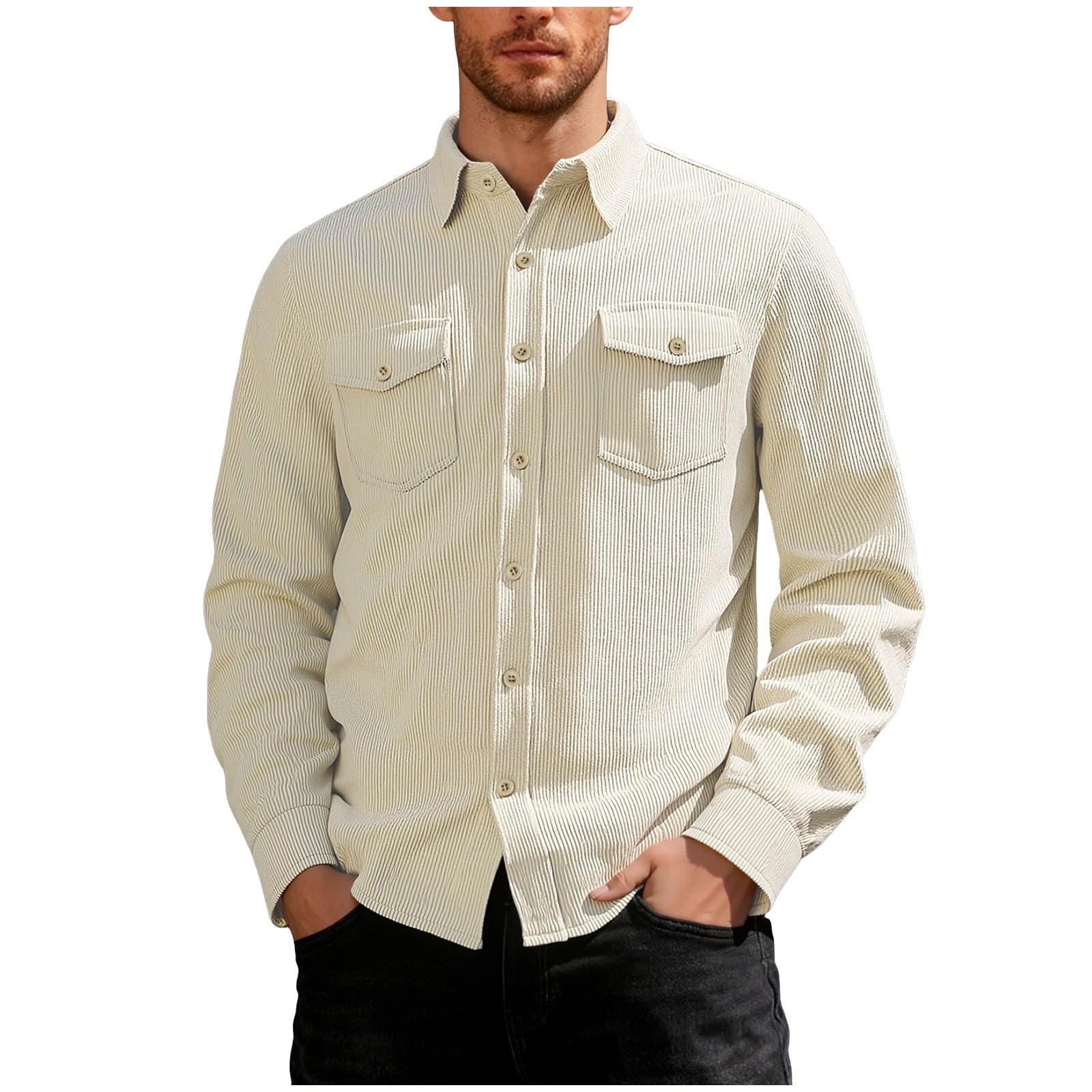 COSFO Men Jacket Winter Beige Corduroy Work Shacket Long Sleeve Thick ...