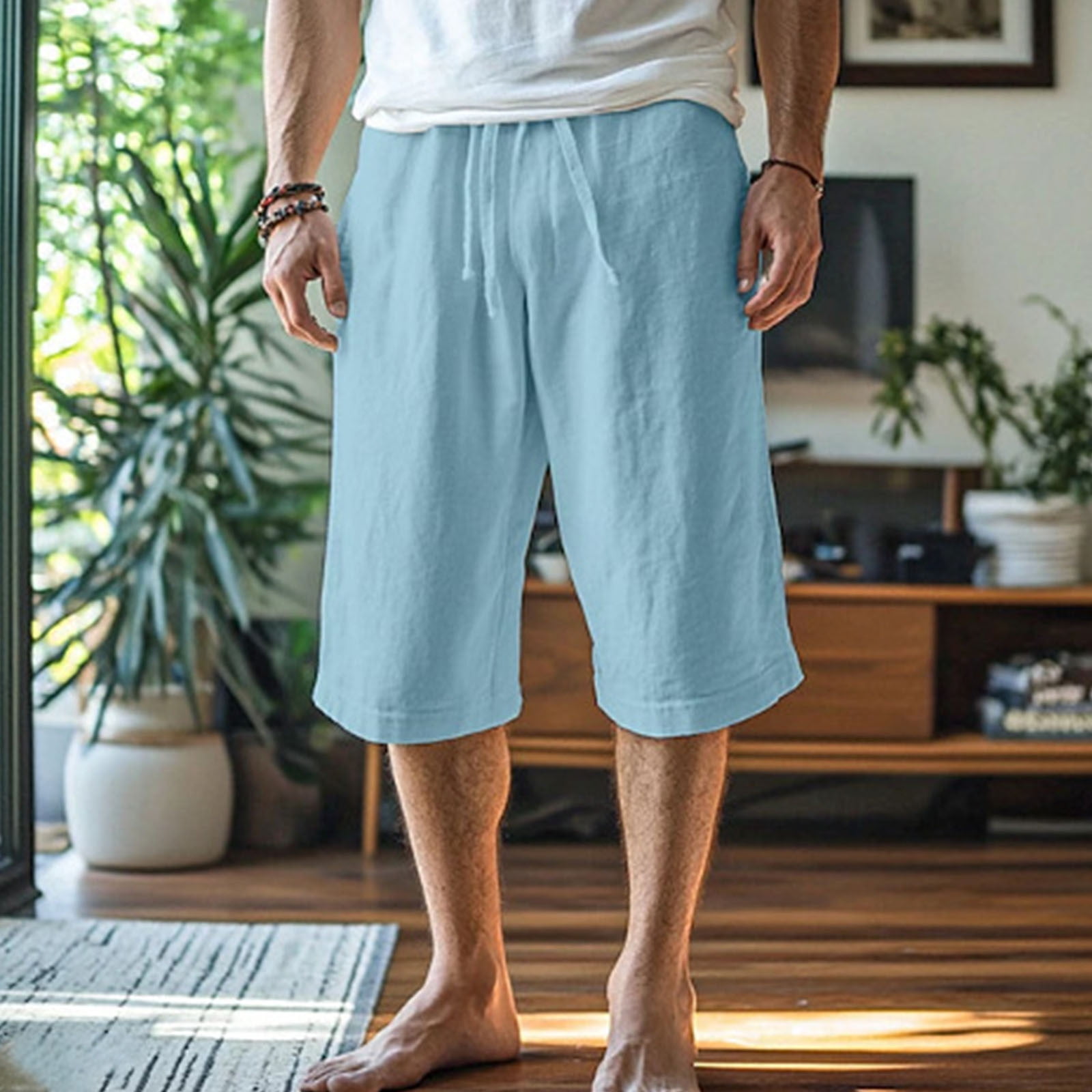 COSFO Men Pants Straight Cotton Linen Blue Casual Capris Elastic Waist ...