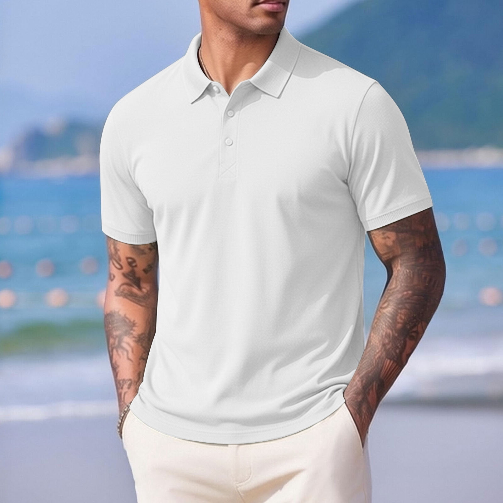 COSFO Men Polo Shirts Short Sleeve Casual White Golf Shirt Loose Fit ...