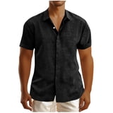 COSFO Men's Button Down Shirts Black Faux Linen Short Sleeve Summer ...