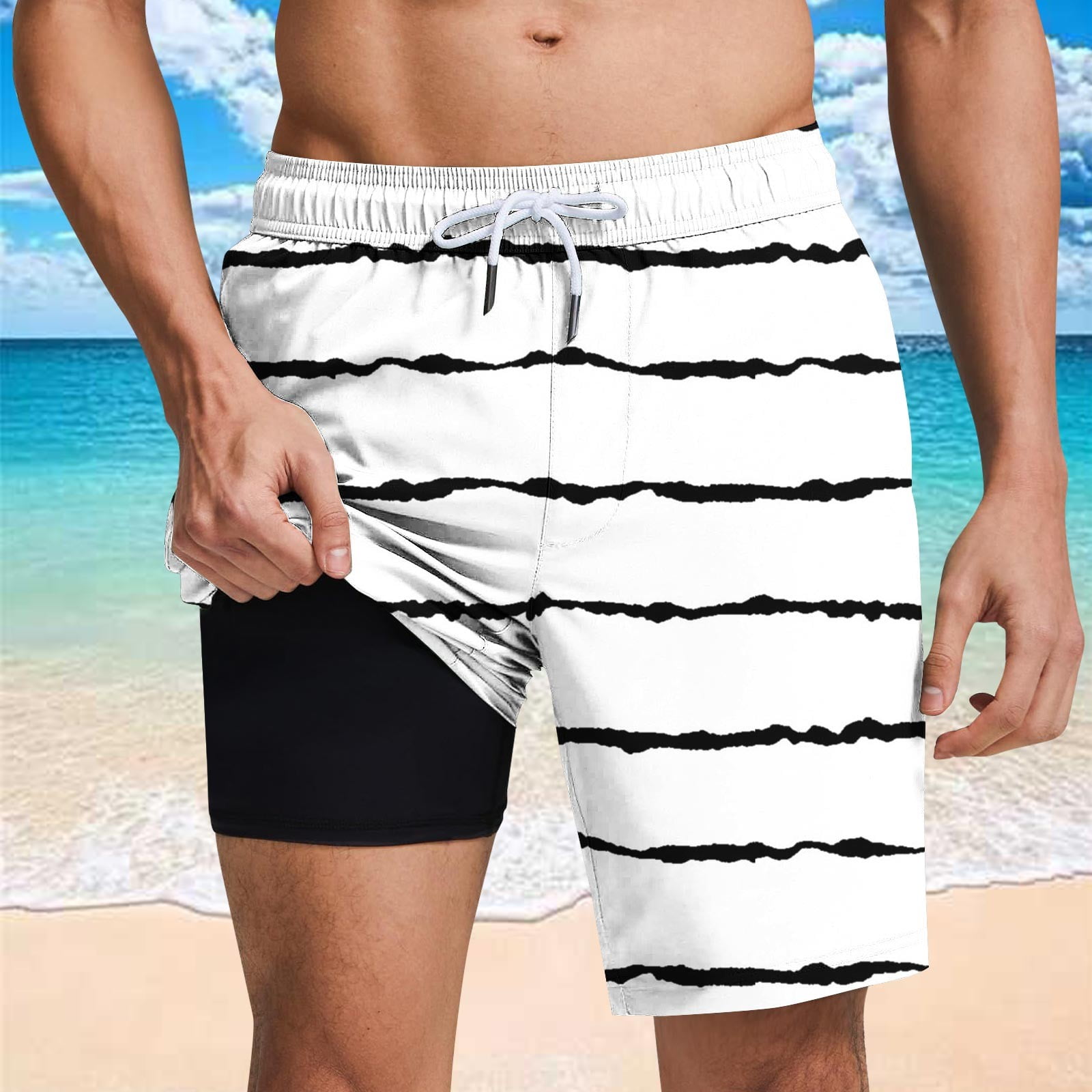 COSFO Men's Swim Trunks Elastic Waist Striped Casual Board Shorts with ...