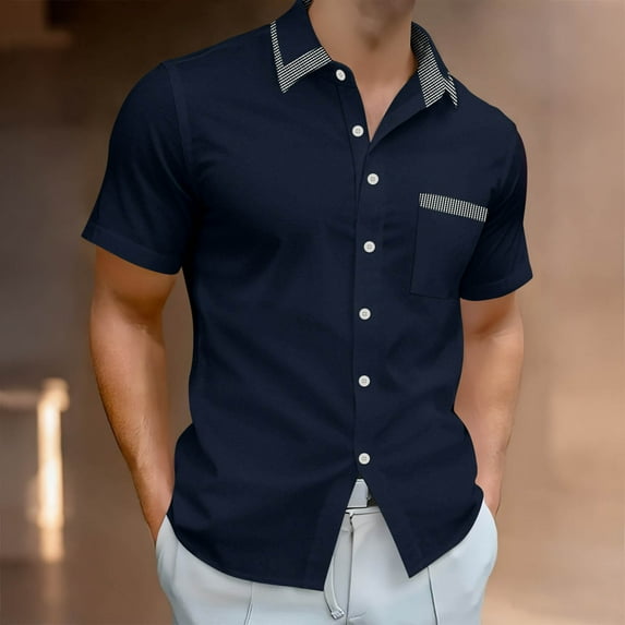 COSFO Mens Button Down Shirt Short Sleeve Blue with Pockets Tops ...