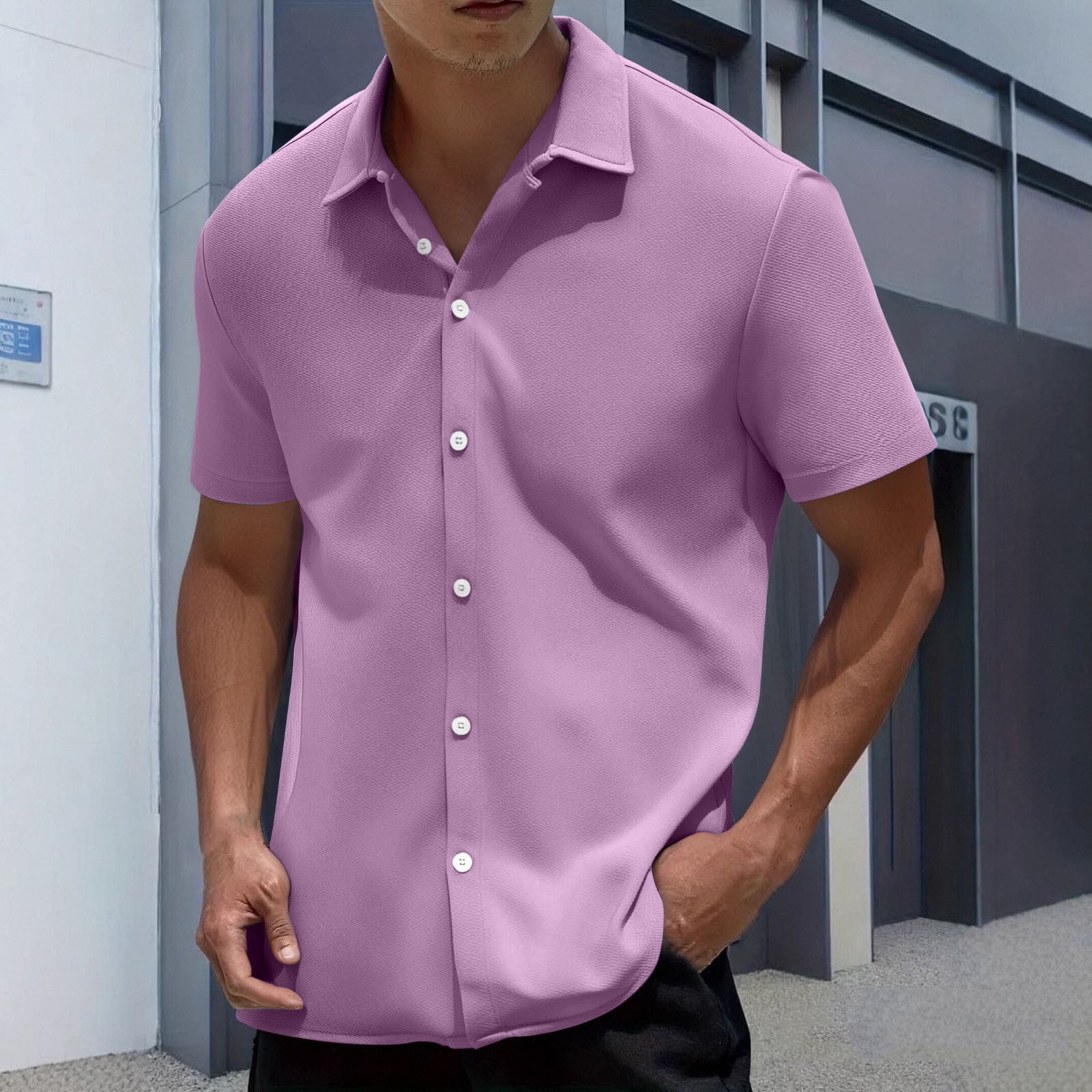 COSFO Mens Button Up Shirt Purple Casual Short Sleeve Summer Tops ...