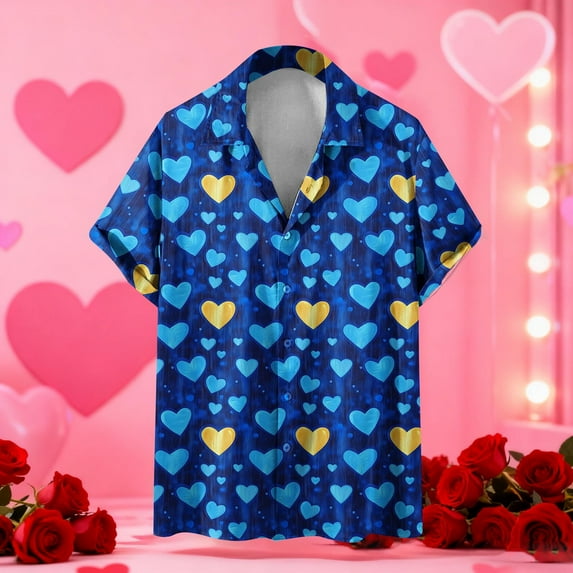 COSFO Mens Button Up Shirts Valentine's Day Love Heart Short Sleeve ...