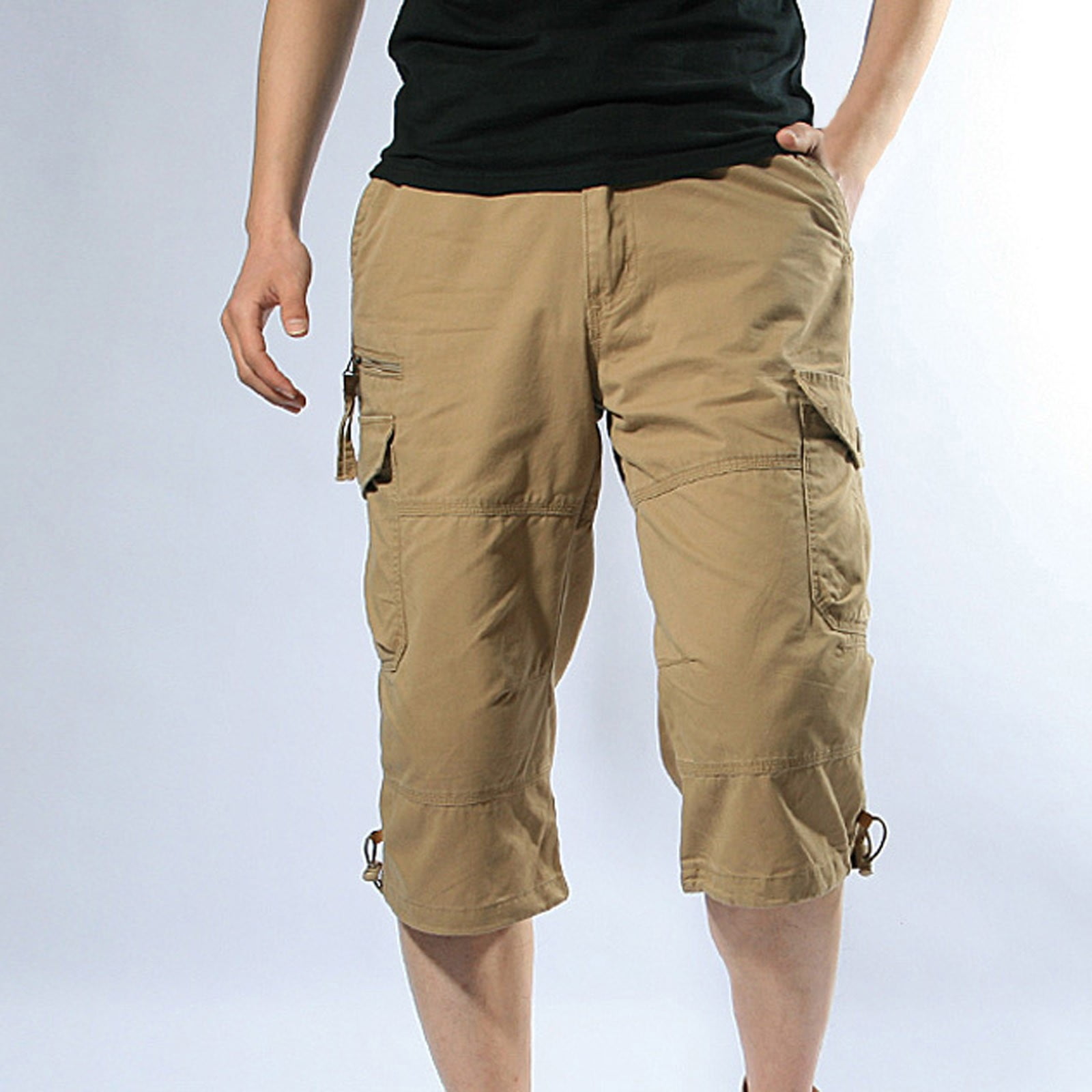 COSFO Mens Cargo Pants Comfort Waist Casual Solid Wide Leg Capris Work ...