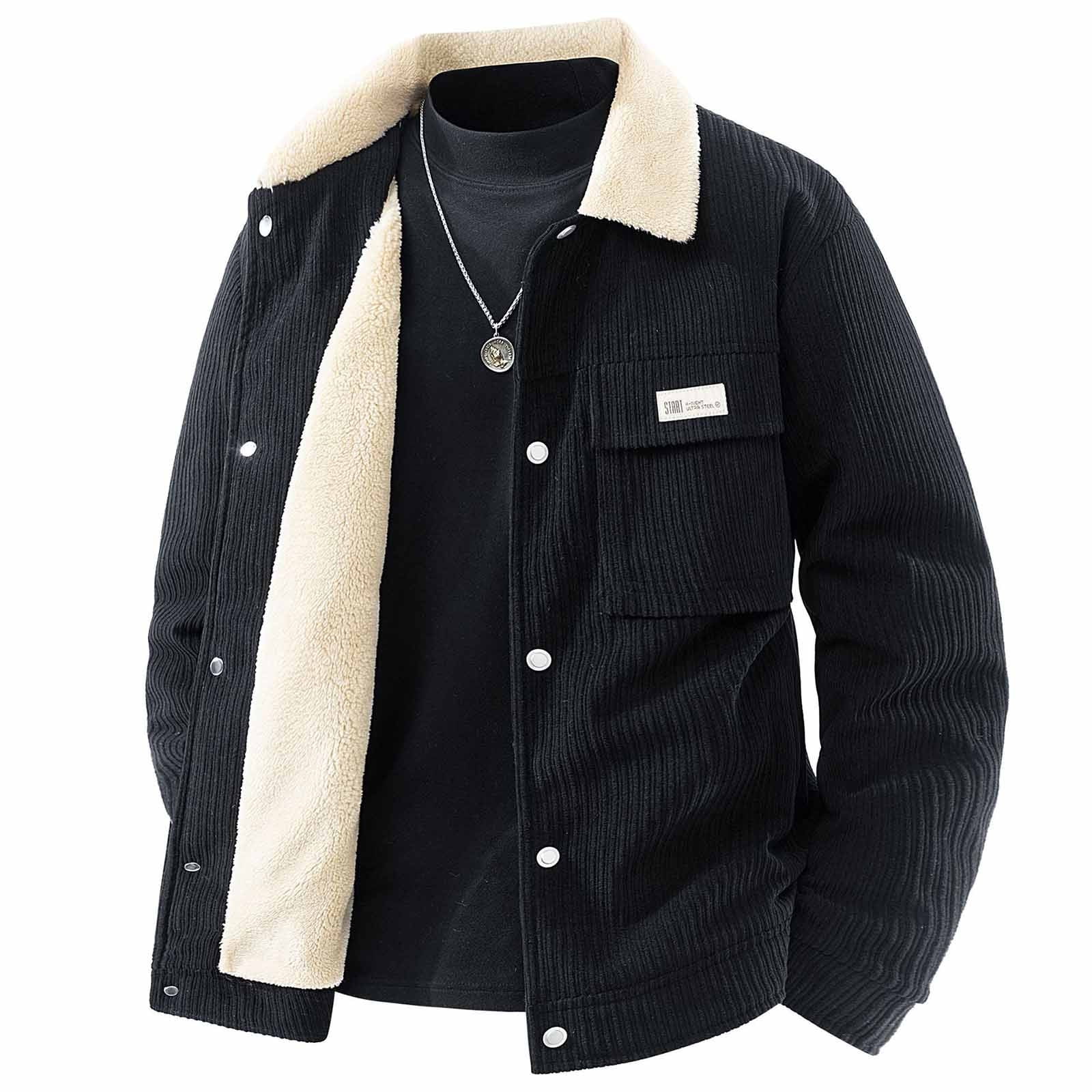 COSFO Mens Jackets Black Work Winter Corduroy Shacket Long Sleeve with ...