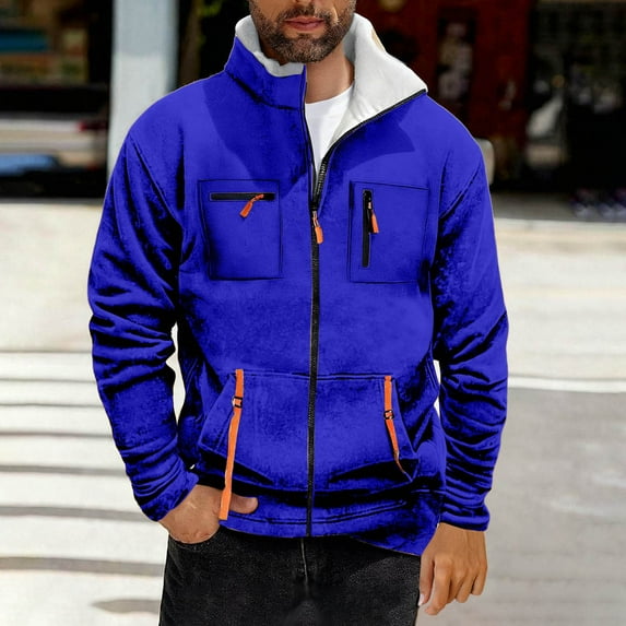 COSFO Mens Jackets Fleece Full Zip Casual Blue Windbreaker Stand Colla ...