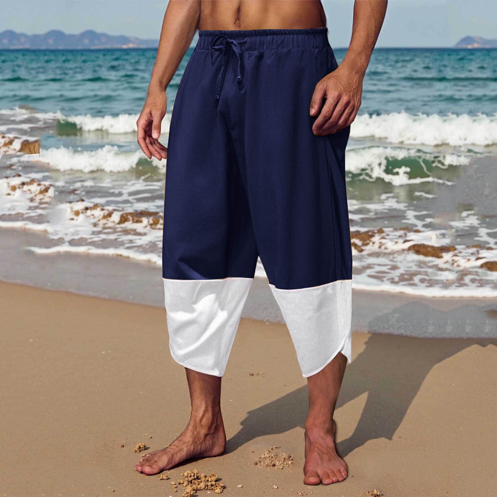 COSFO Mens Pants Wide Leg Elastic Waist Casual Colorblock Capris ...