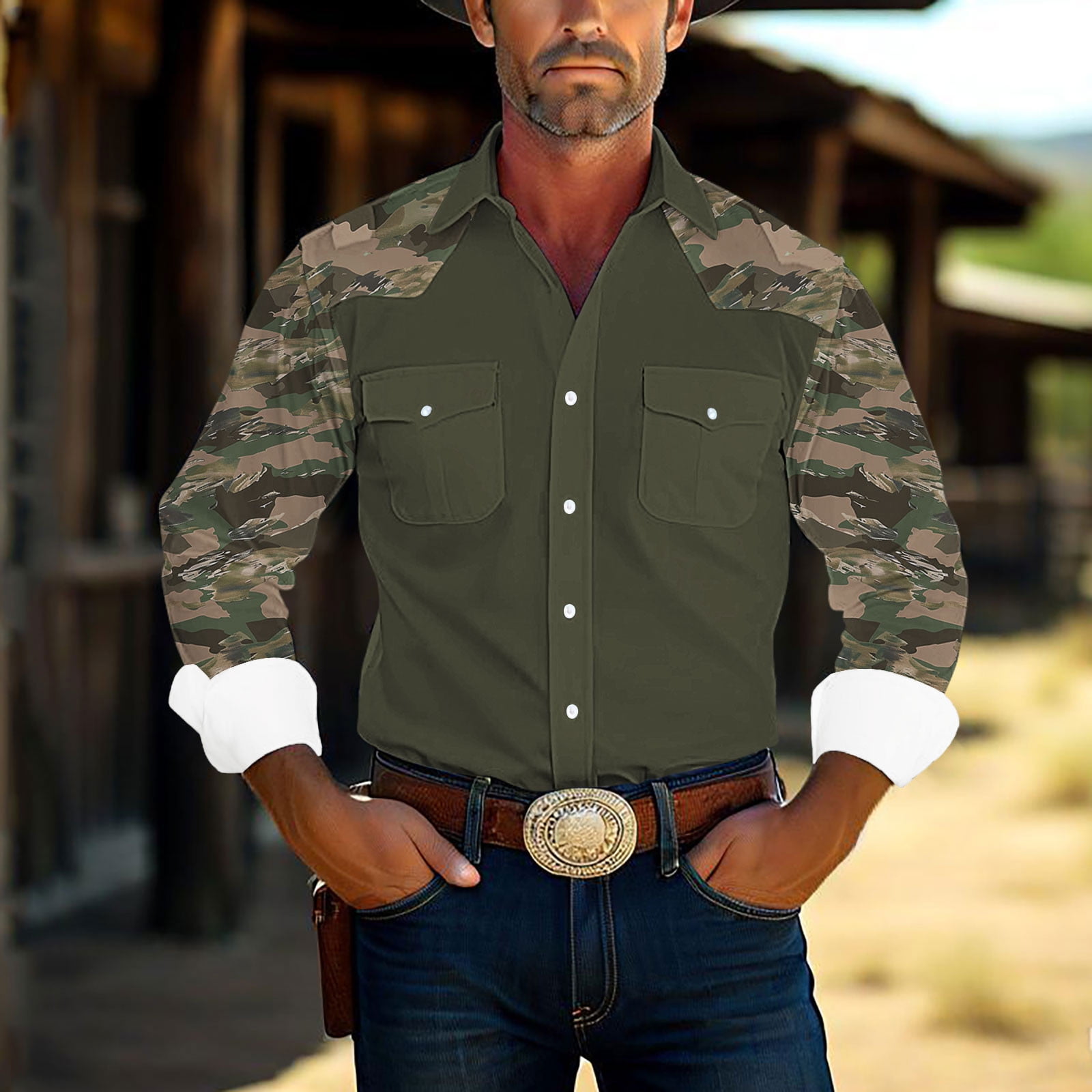 COSFO Mens Shirts Long Sleeve Collared Casual Camouflage Tops Button ...