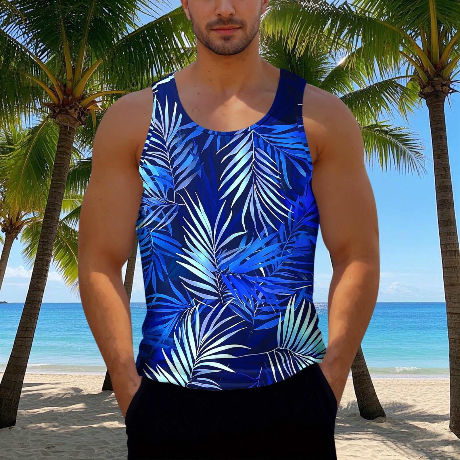 COSFO Mens Tank Top Hawaiian Athletic Crew Neck Shirts Loose Summer ...