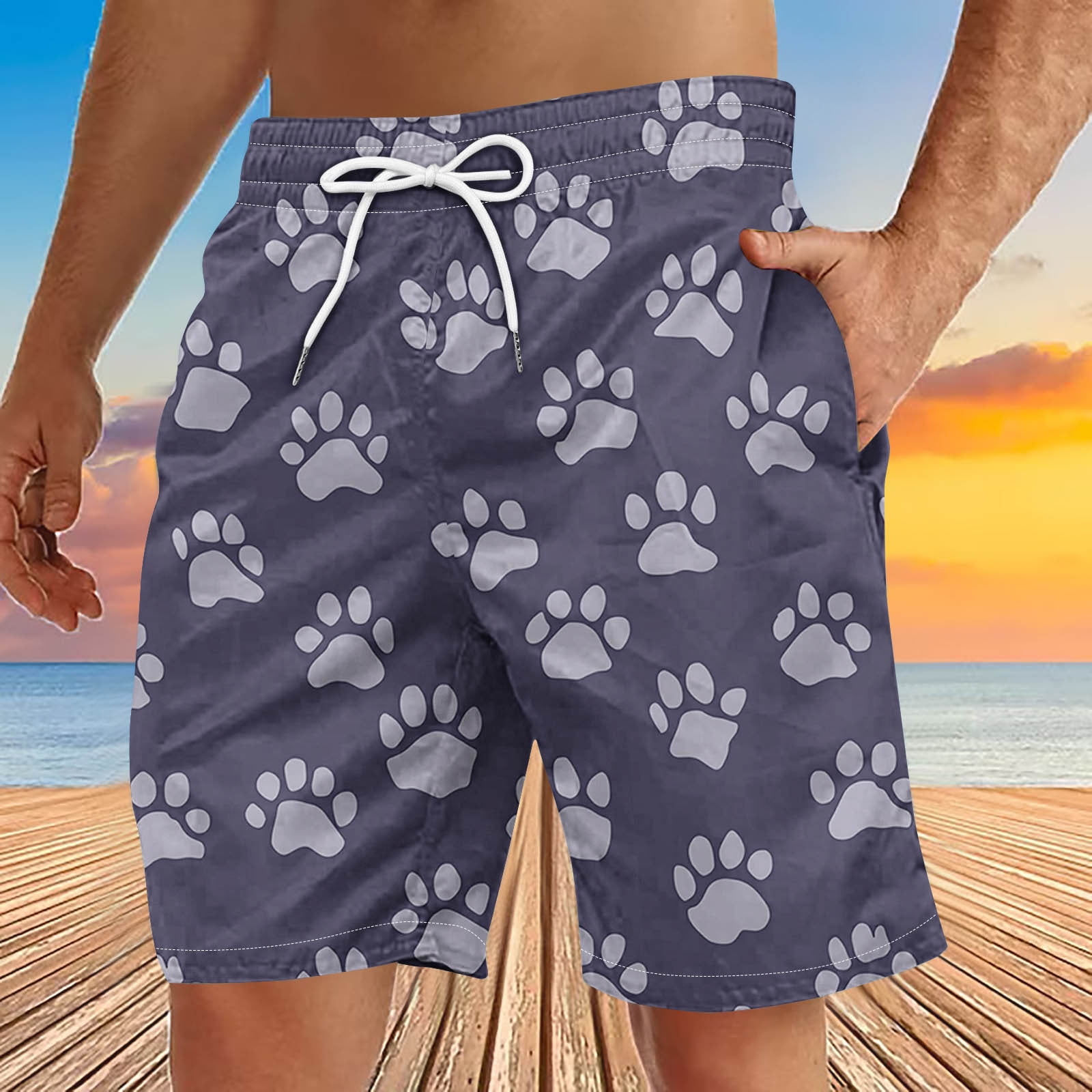COSFO Multicolor Men's Shorts Beach Casual Board Dog Paw Shorts Elastic ...
