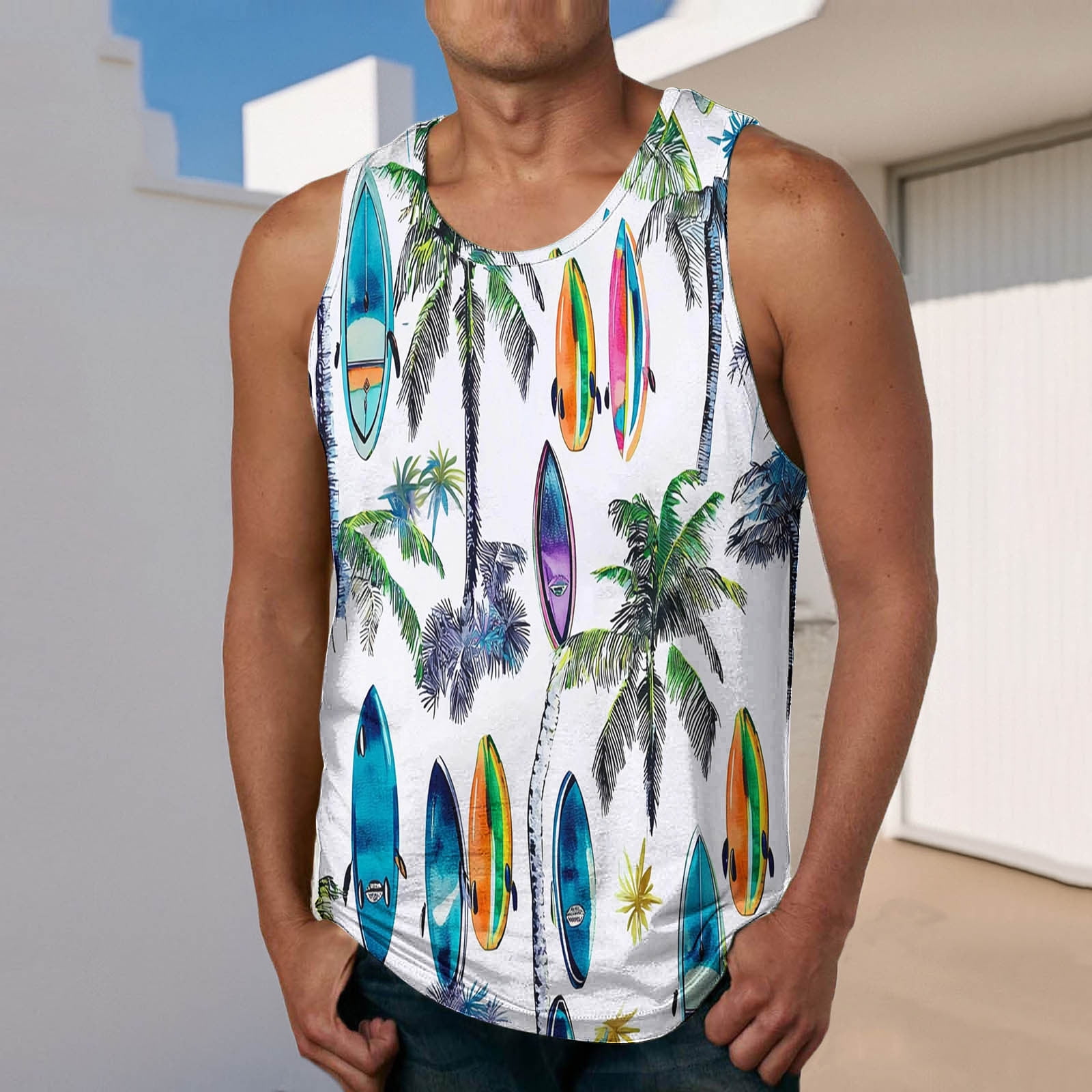 COSFO Muscle Running Tank Top Men Sleeveless Crew Neck Casual Hawaiian ...