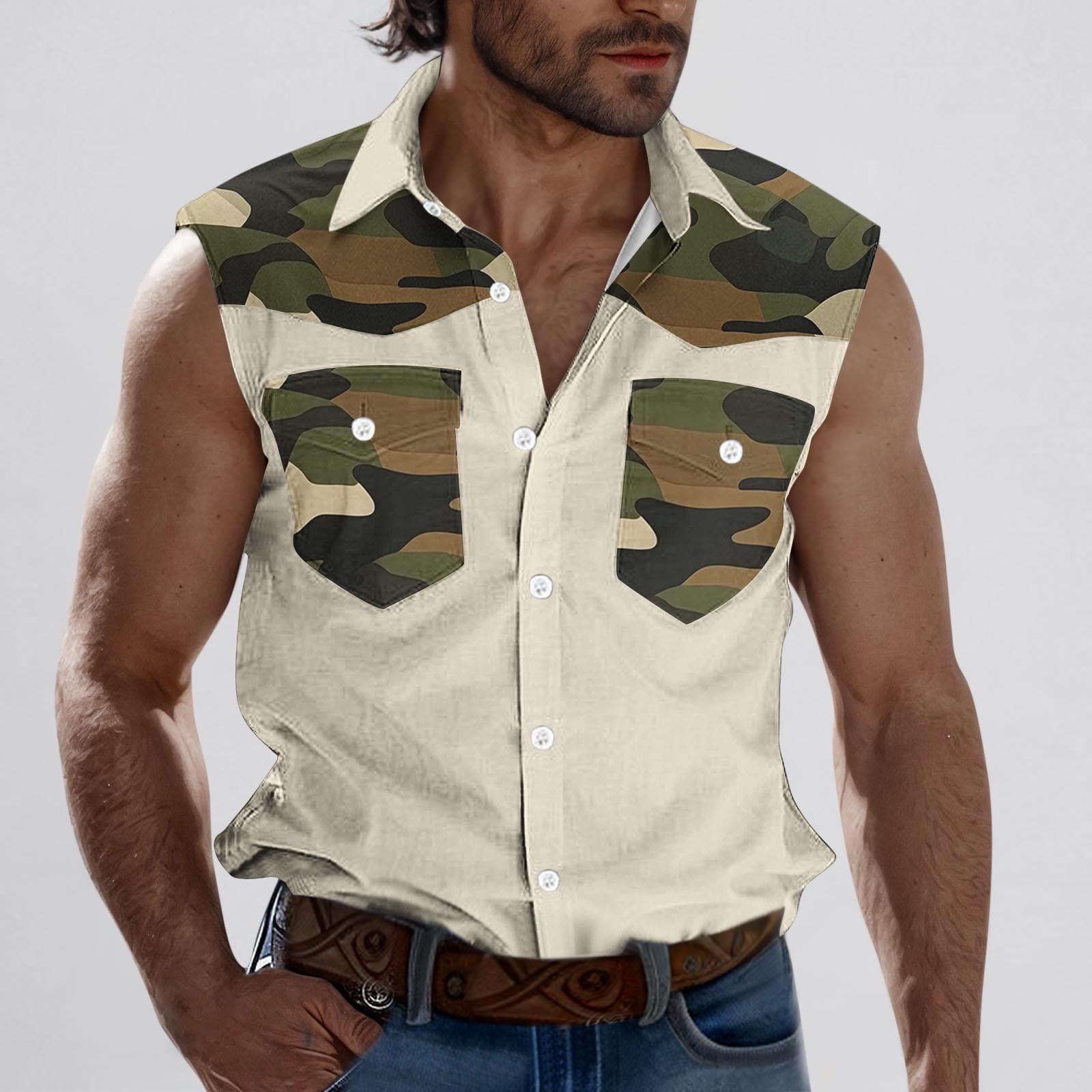 COSFO Muscle Tank Tops for Men Collared Camouflage Athletic Shirts ...