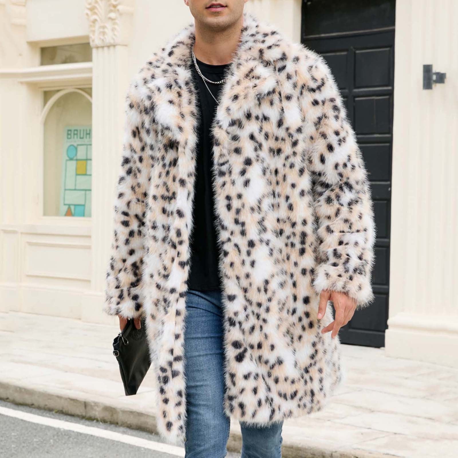 COSFO Outdoor Mens Winter Coats Faux Fur Leopard Print Open Front ...