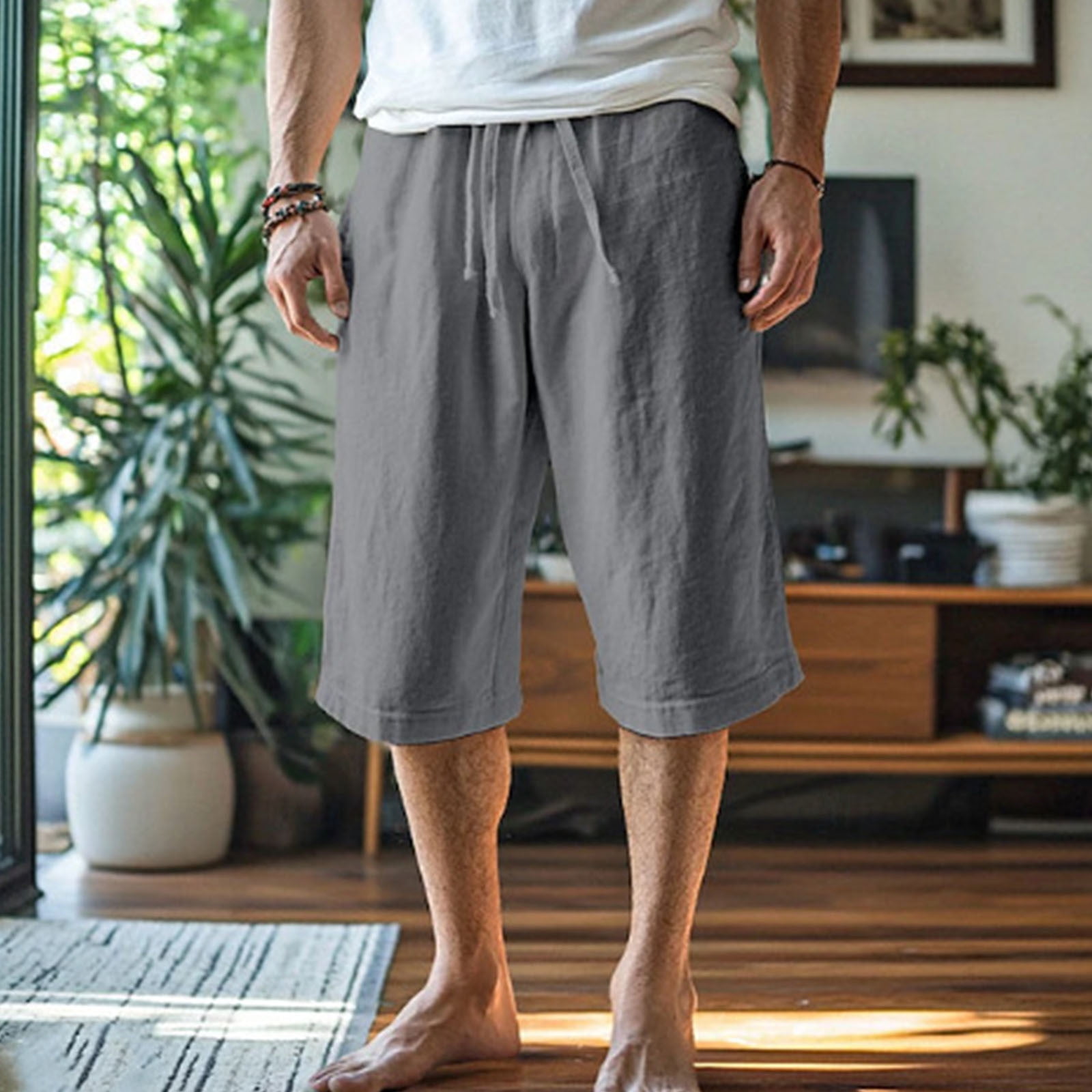 COSFO Pants for Men Gray Casual Cotton Linen Straight Capris Relaxed ...