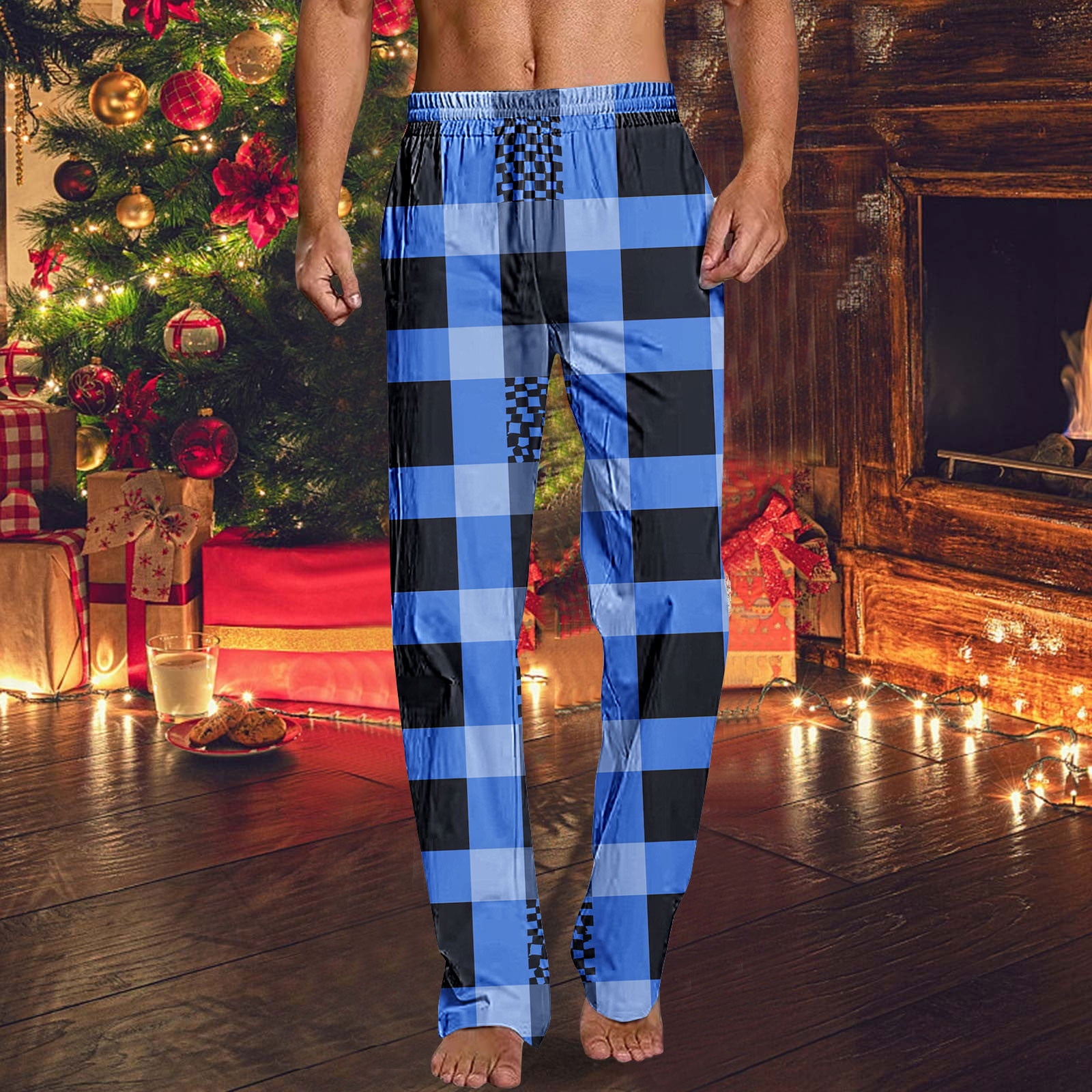 COSFO Plaid Mens Pants Casual Lounge Wide Leg Sleepwear Elastic Waist Loose with Pockets Pants ...