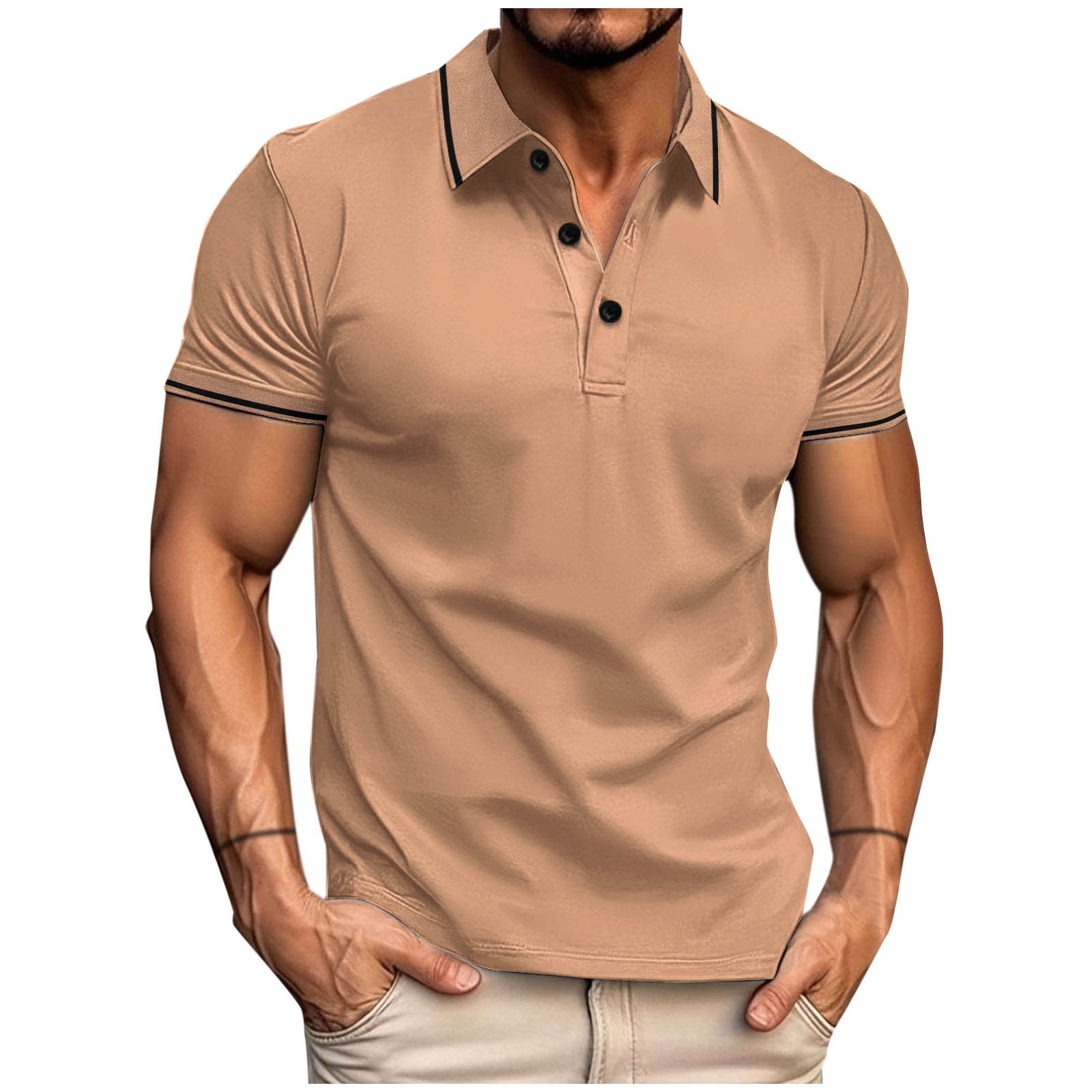 COSFO Polo T Shirts for Men Solid Short Sleeve Collared Casual Tops Slim Pullover Button Shirts ...